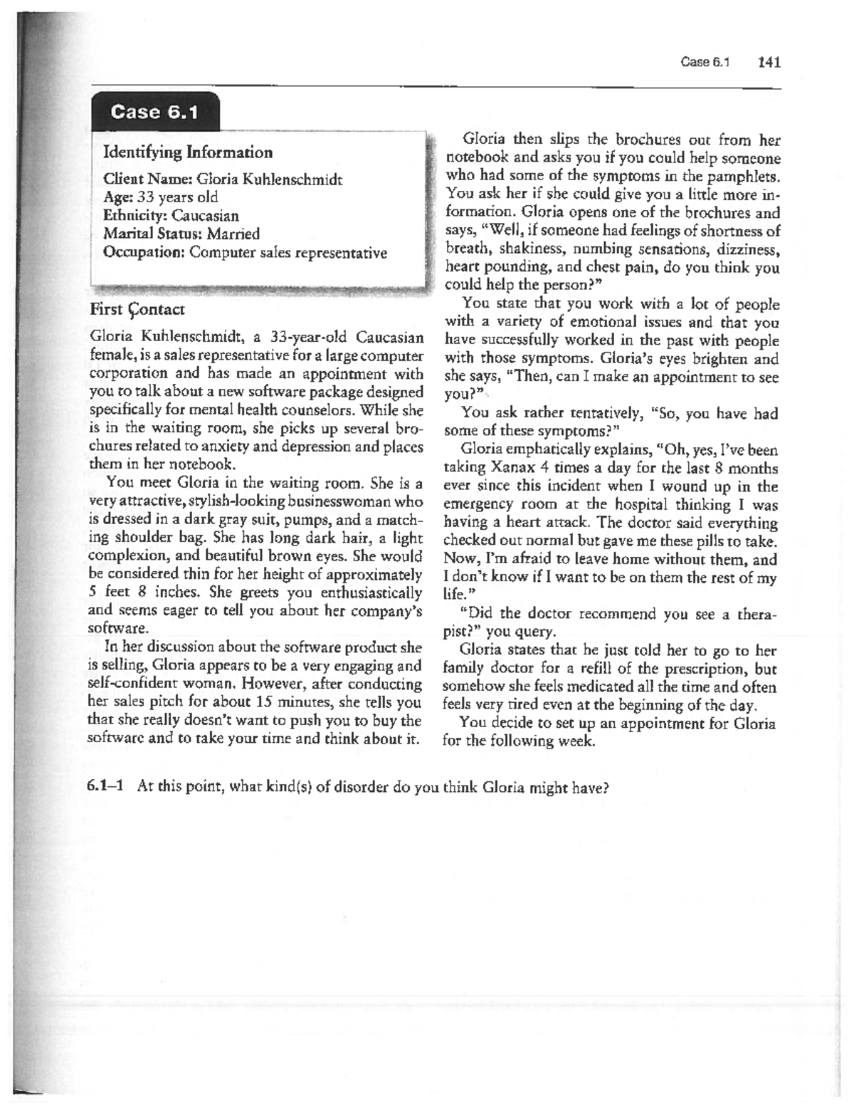 6.1 - Case - Case Study 6.1. in Clinical Assessment Workbook - Case 6 141 Case 6 Gloria then ...