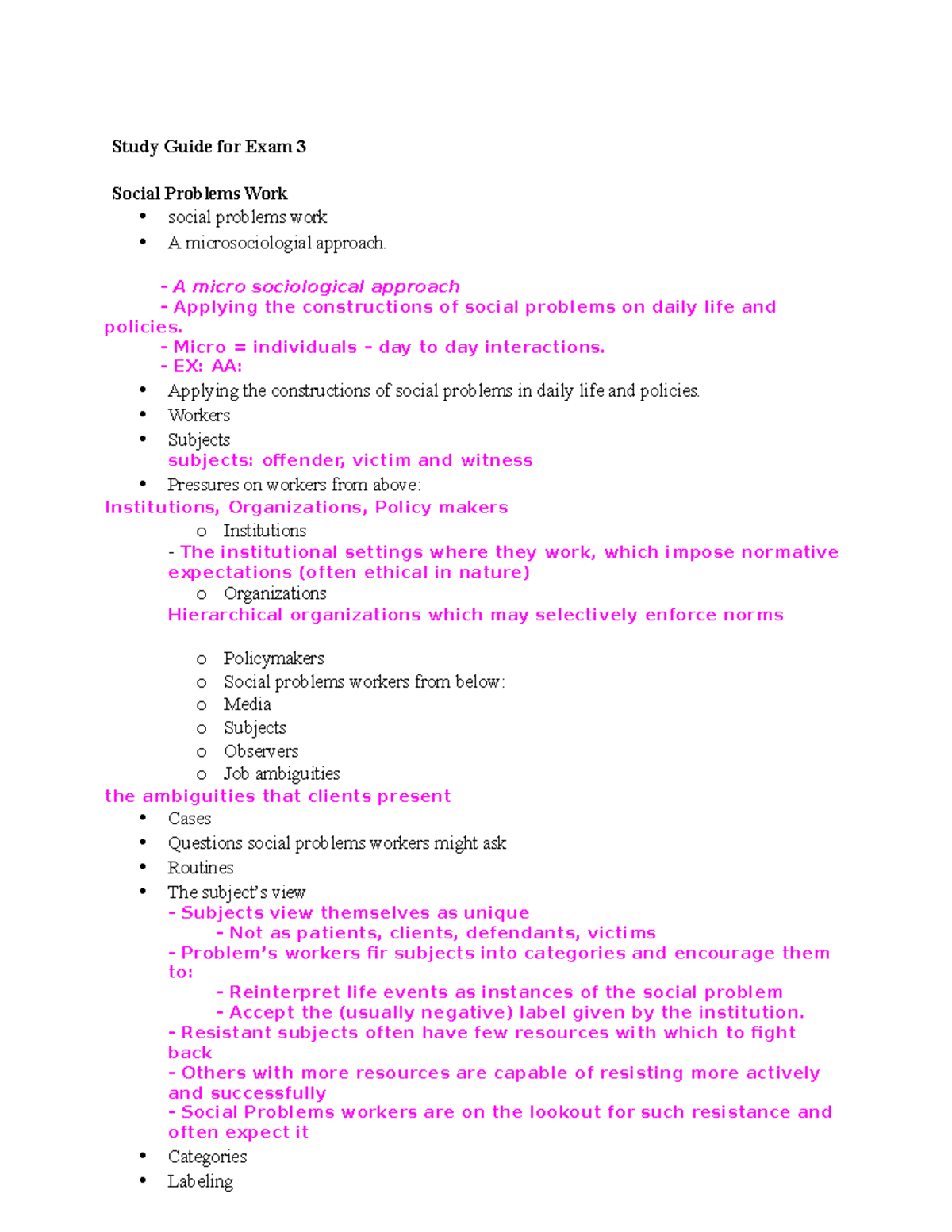 Exam 3 Study Guide - Study Guide for Exam 3 Social Problems Work ...