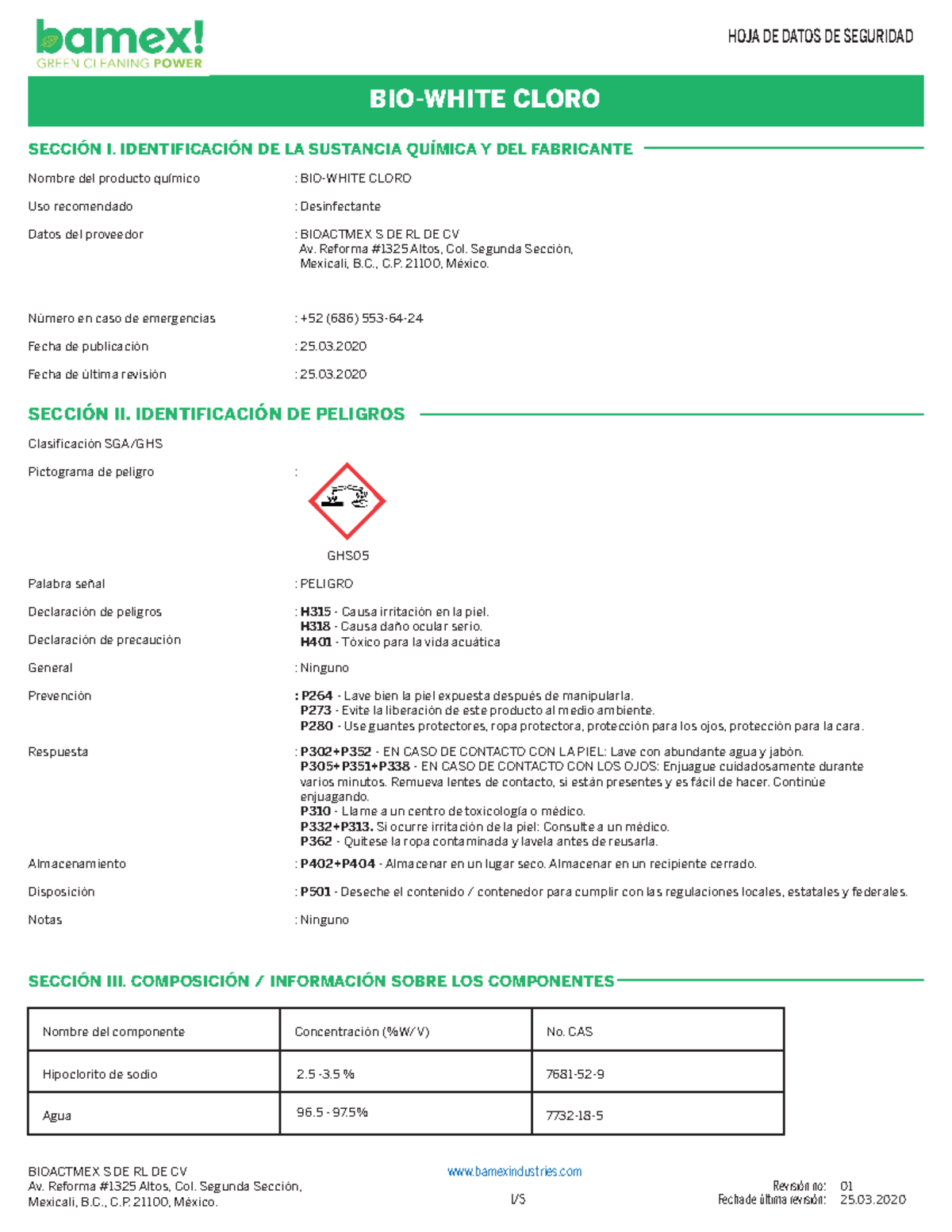 BIO- Whitecloro MSDS ESP Bamex - BIO-WHITE CLORO Revisión no: Fecha de ...