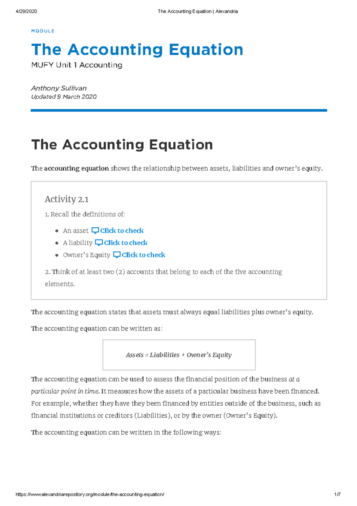 The Accounting Equation Alexandria - MODULE The Accounting Equation ...