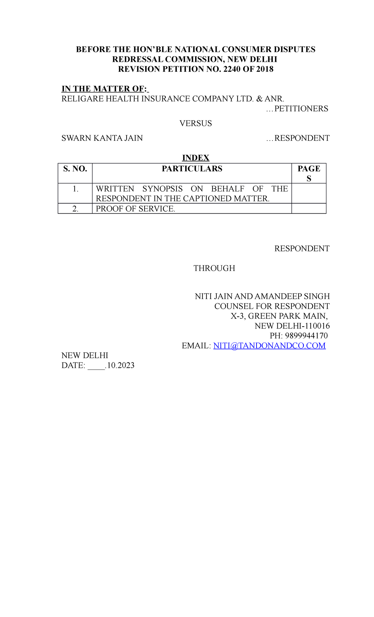 Written Synopsis - BEFORE THE HON’BLE NATIONAL CONSUMER DISPUTES ...