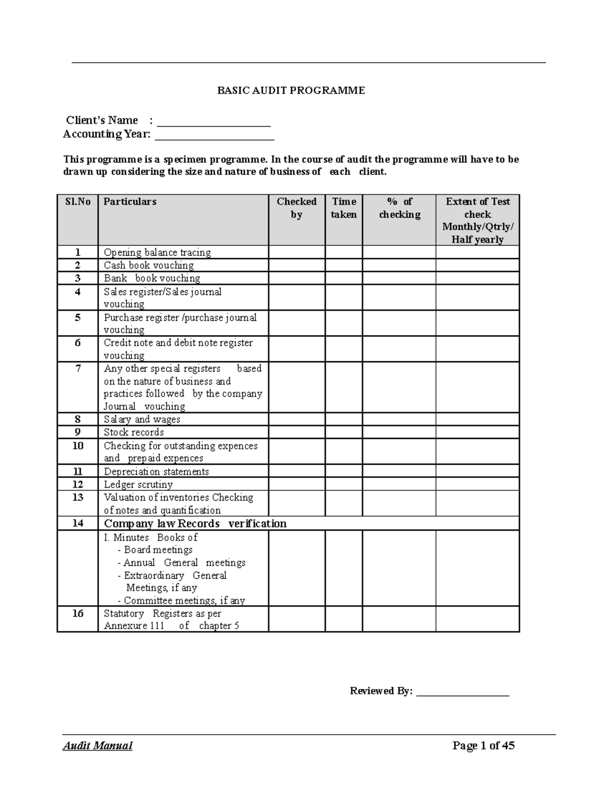 156159649 Audit Checklist BASIC AUDIT PROGRAMME Client s Name