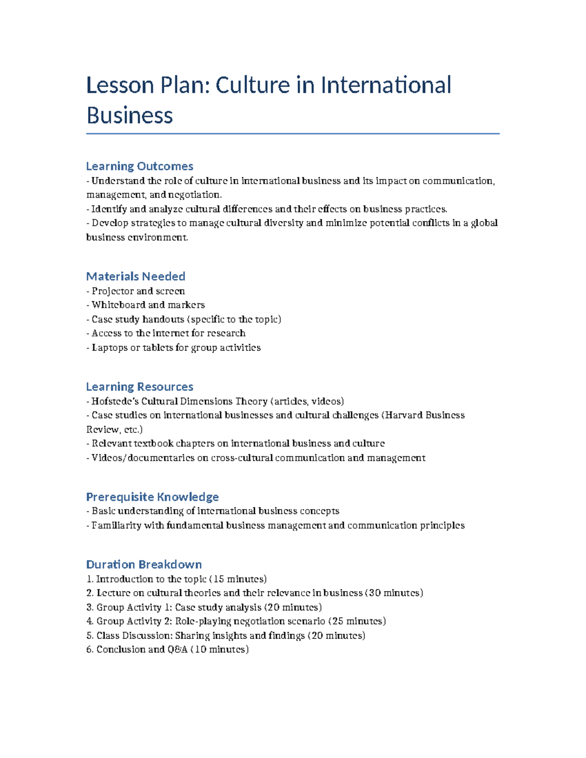 Culture in International Business Lesson Plan - Lesson Plan: Culture in ...