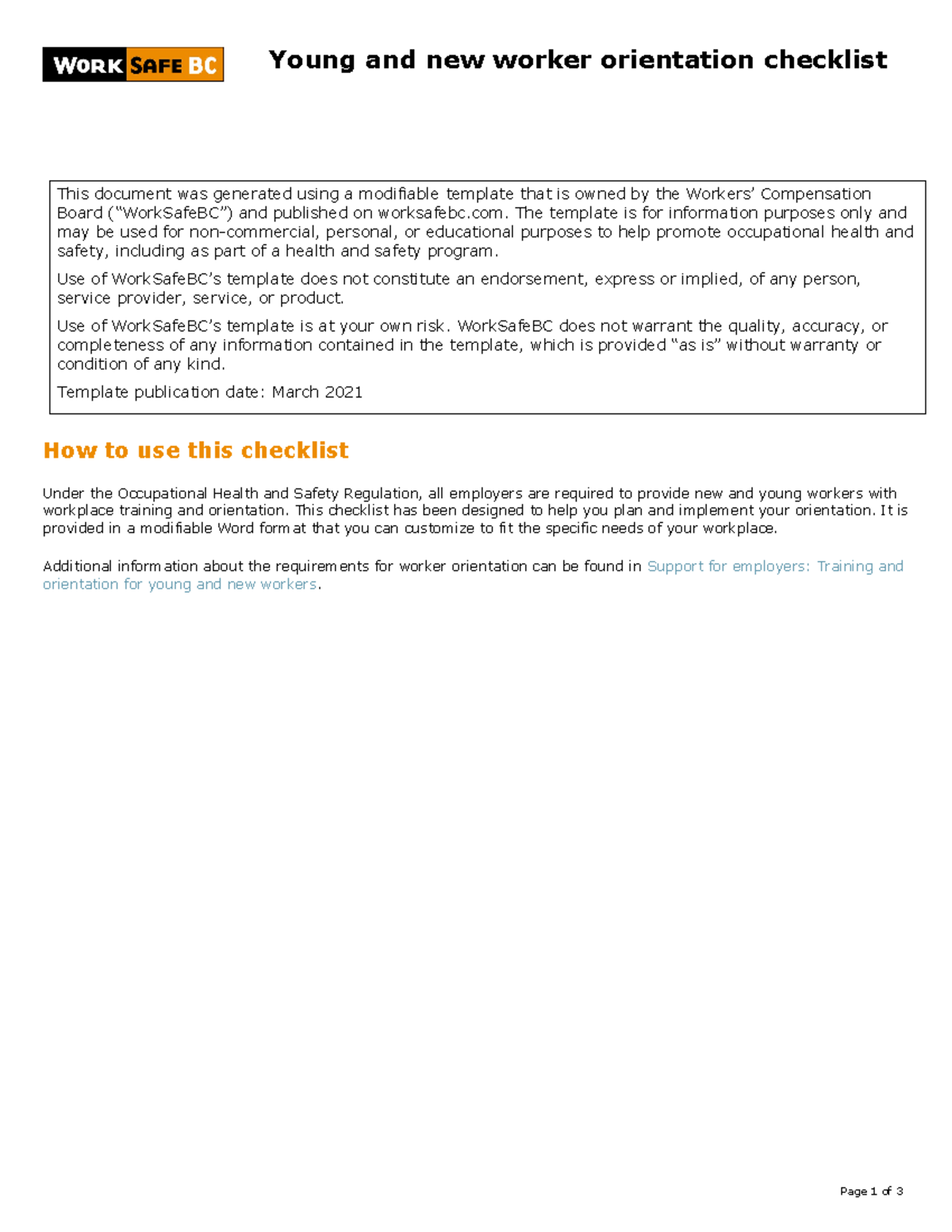 Young new worker orientation checklist doc en - Young and new worker ...