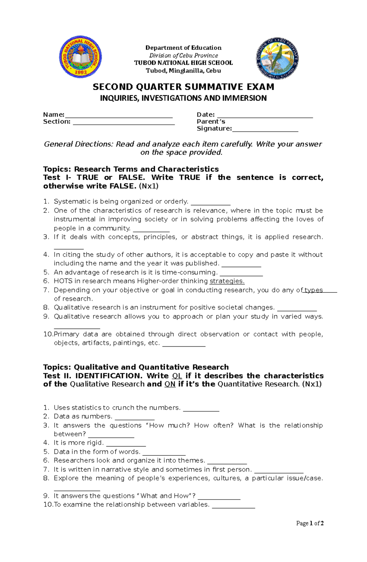 2nd Quarter Exam- III - notes - Department of Education Division of ...