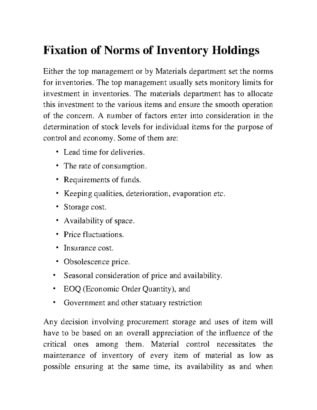 Fixation of Norms of Inventory Holdings - The top management usually ...
