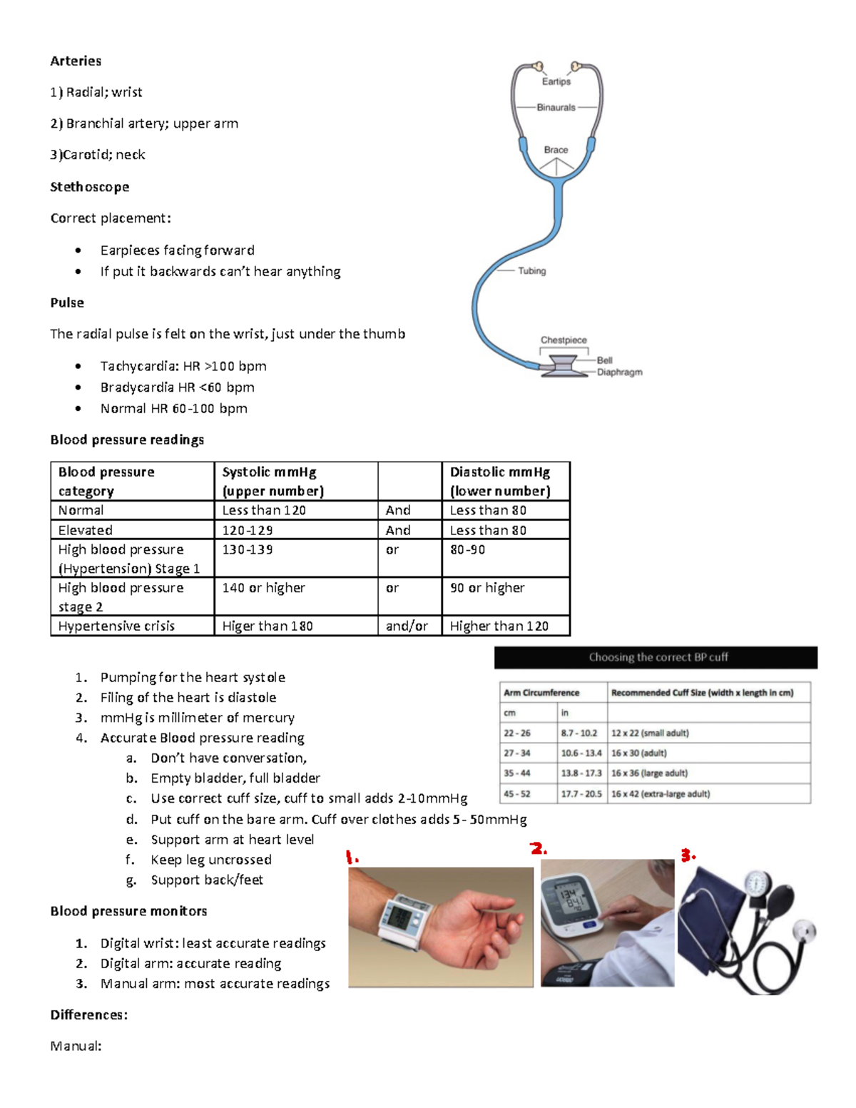 IPM Final Exam Note 5 - Arteries Radial; wrist Branchial artery; upper ...