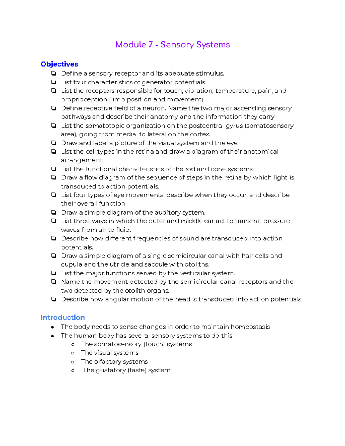 Week 3- module 7 sensory systems (visual and somatosensory) - Module 7 ...