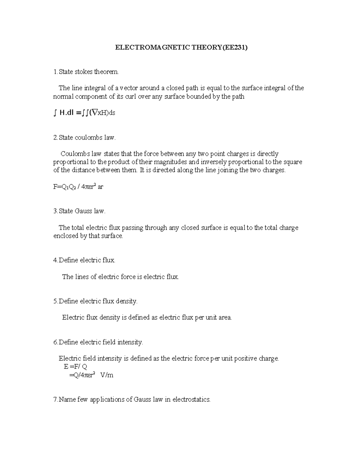 Electromagnetic Theory - ELECTROMAGNETIC THEORY(EE231) 1 stokes theorem. The line integral of a ...