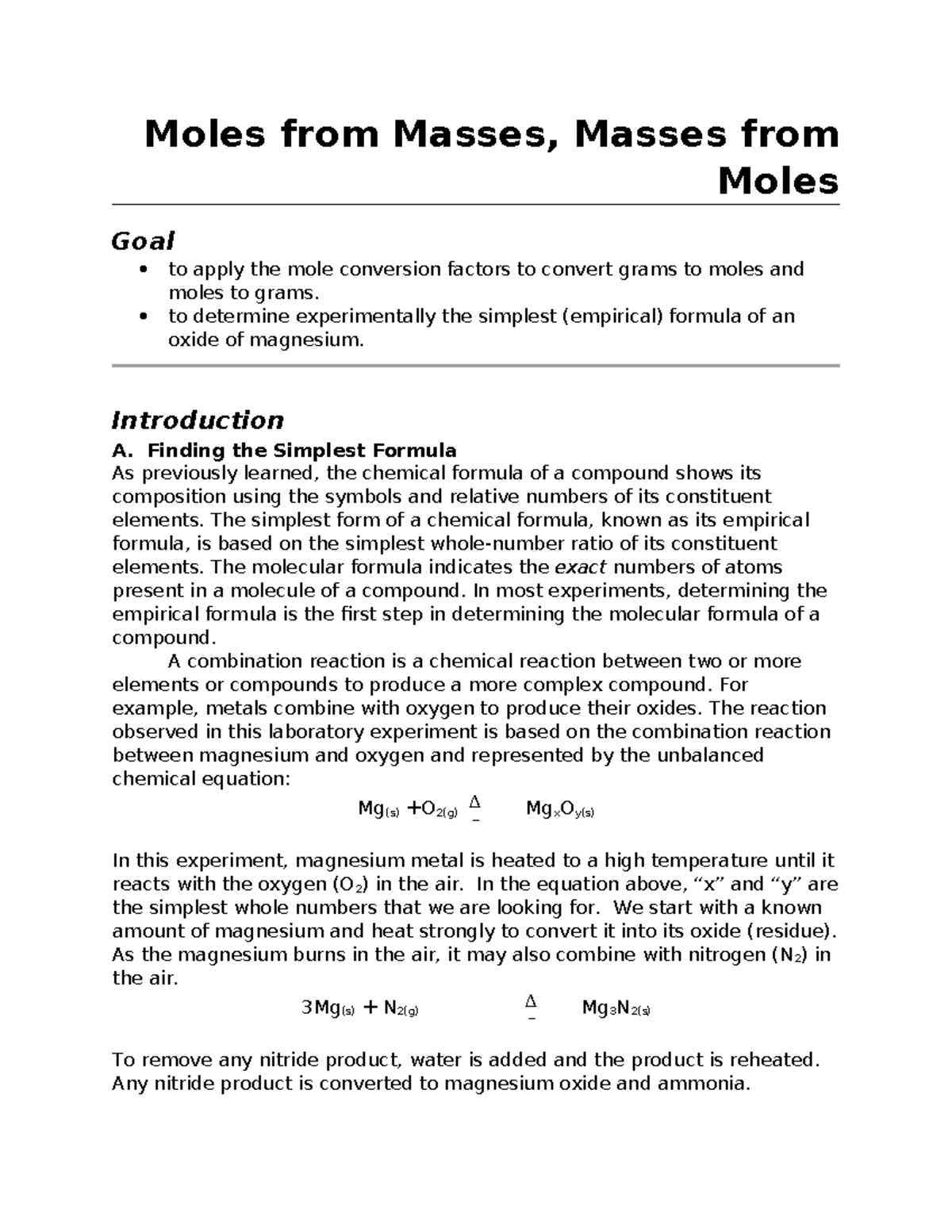 Moles from Masses Masses from Moles online lab experiment EAtwood ACC ...