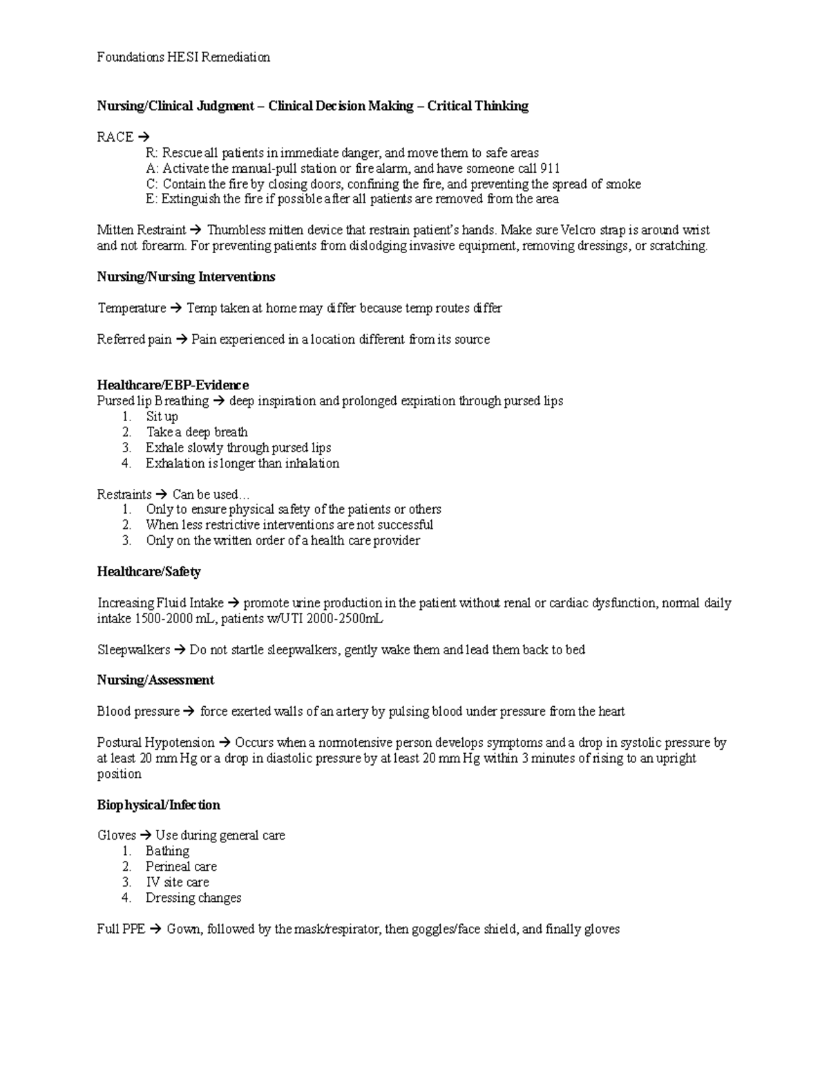 Foundations HESI Remediation - Nursing/Clinical Judgment – Clinical ...