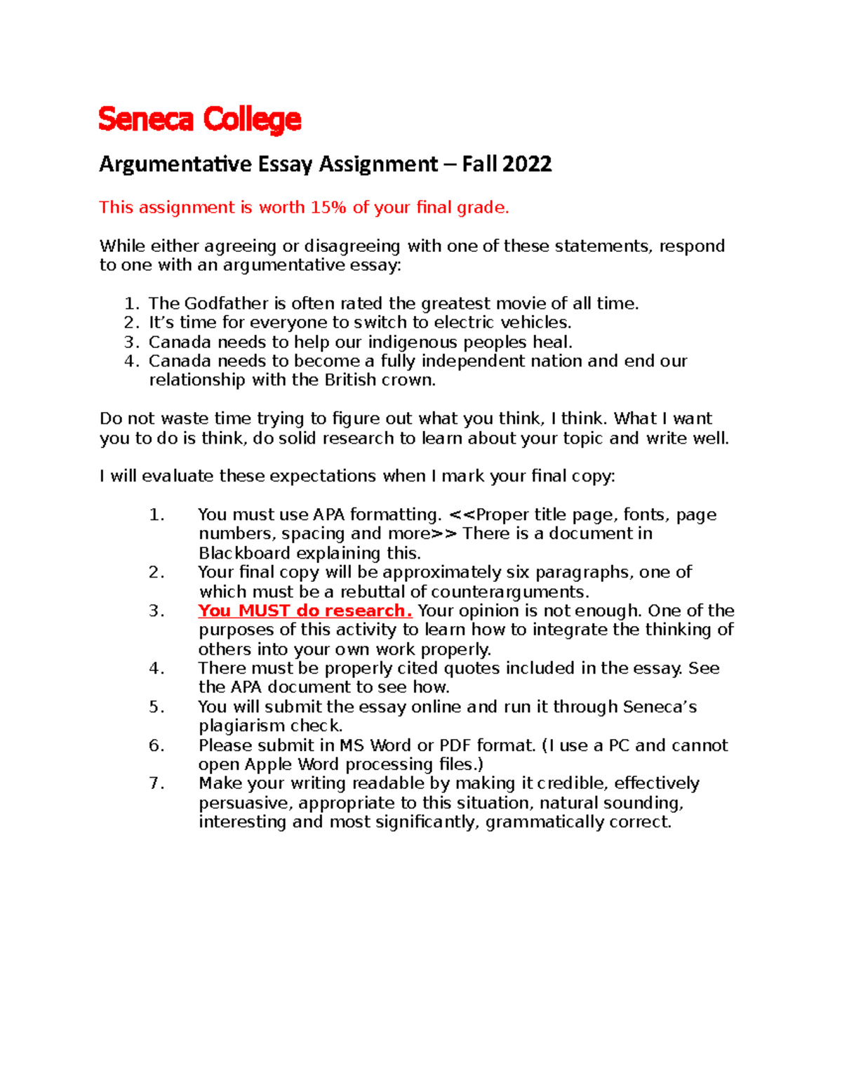 Argumentative Essay Assignment Fall 2022 - Seneca College Argumentative ...