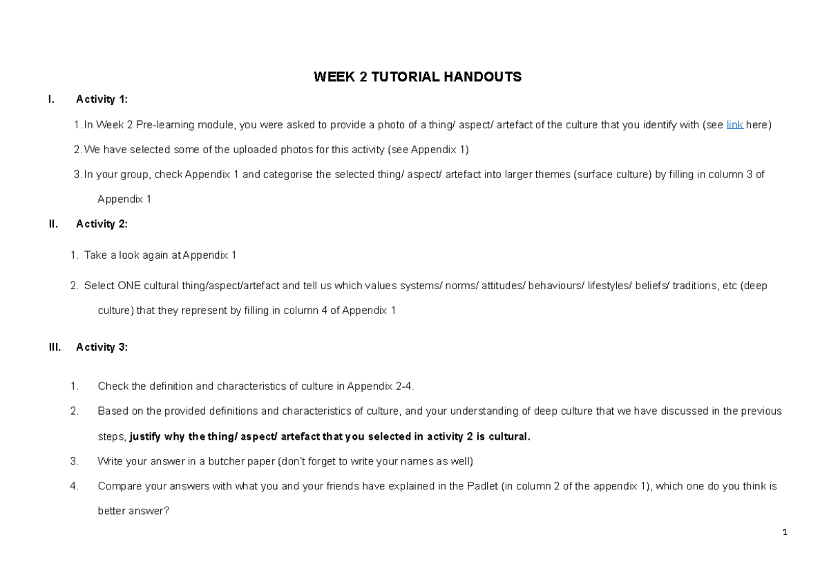 Week 2 Tutorial Handouts - WEEK 2 TUTORIAL HANDOUTS I. Activity 1: 1. In Week 2 Pre-learning ...