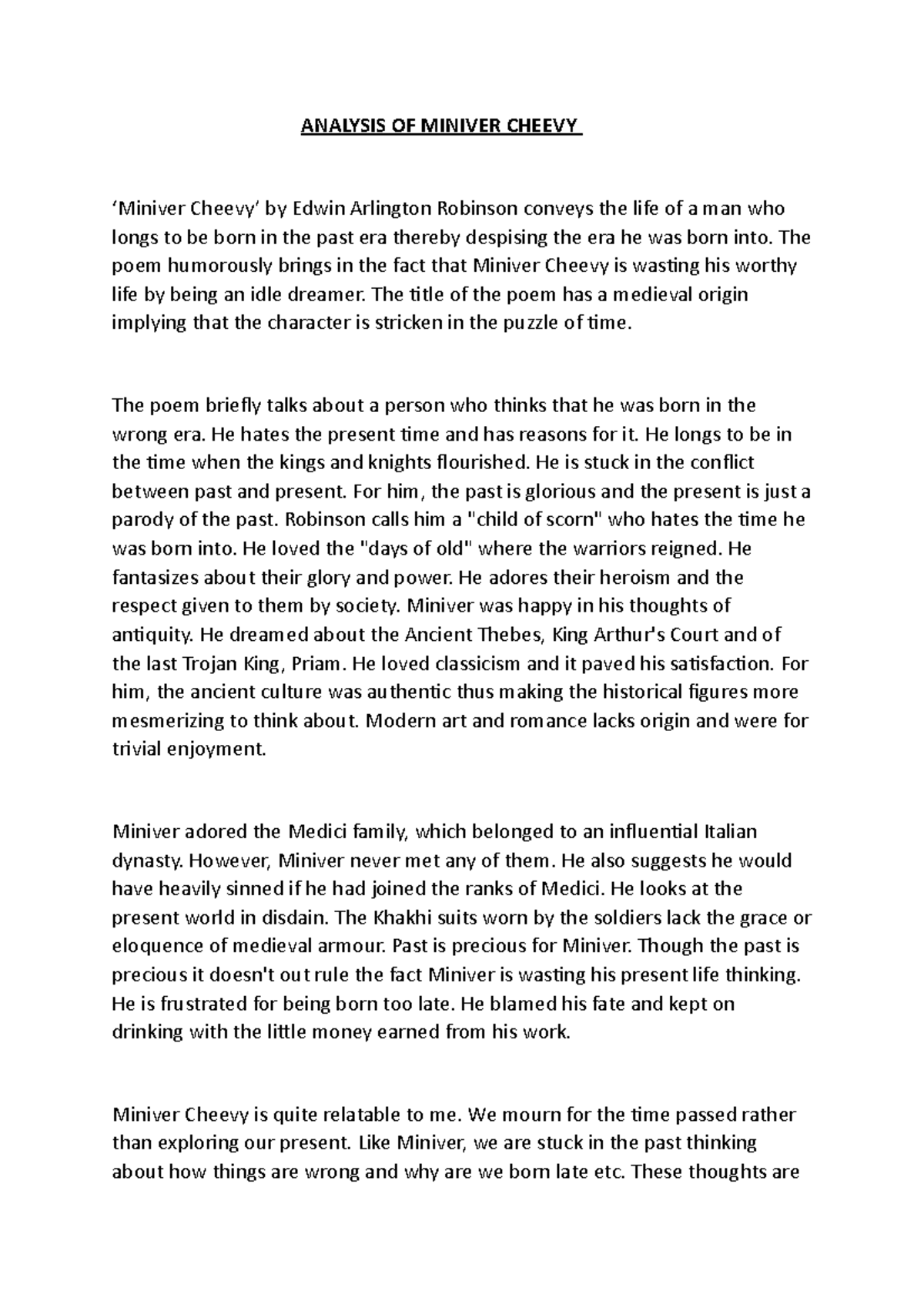 Analysis OF Miniver Cheevy - ANALYSIS OF MINIVER CHEEVY ‘Miniver Cheevy ...