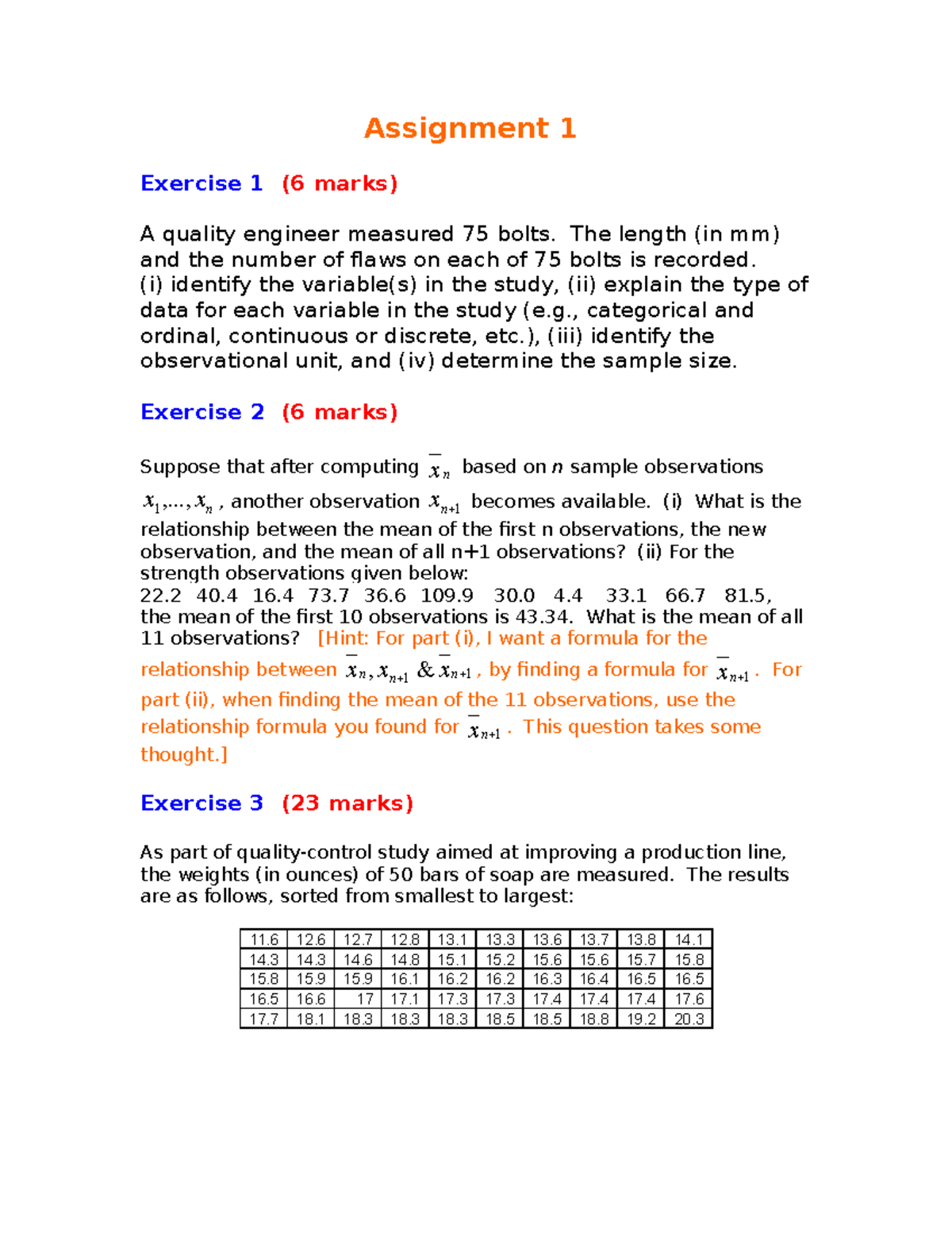 Assignment 1 - Statistics questions - Assignment 1 Exercise 1 (6 marks) A quality engineer ...