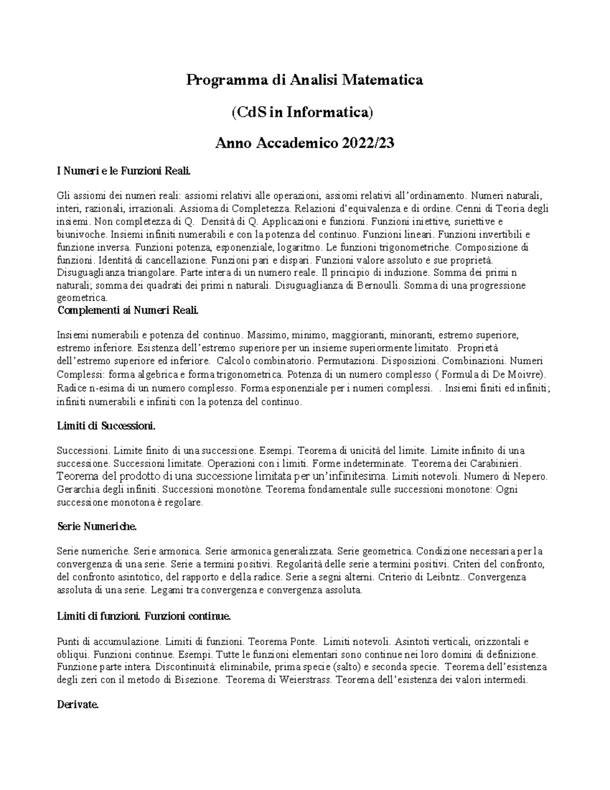 Programma di Analisi Matematica - Gli assiomi dei numeri reali: assiomi relativi alle operazioni ...