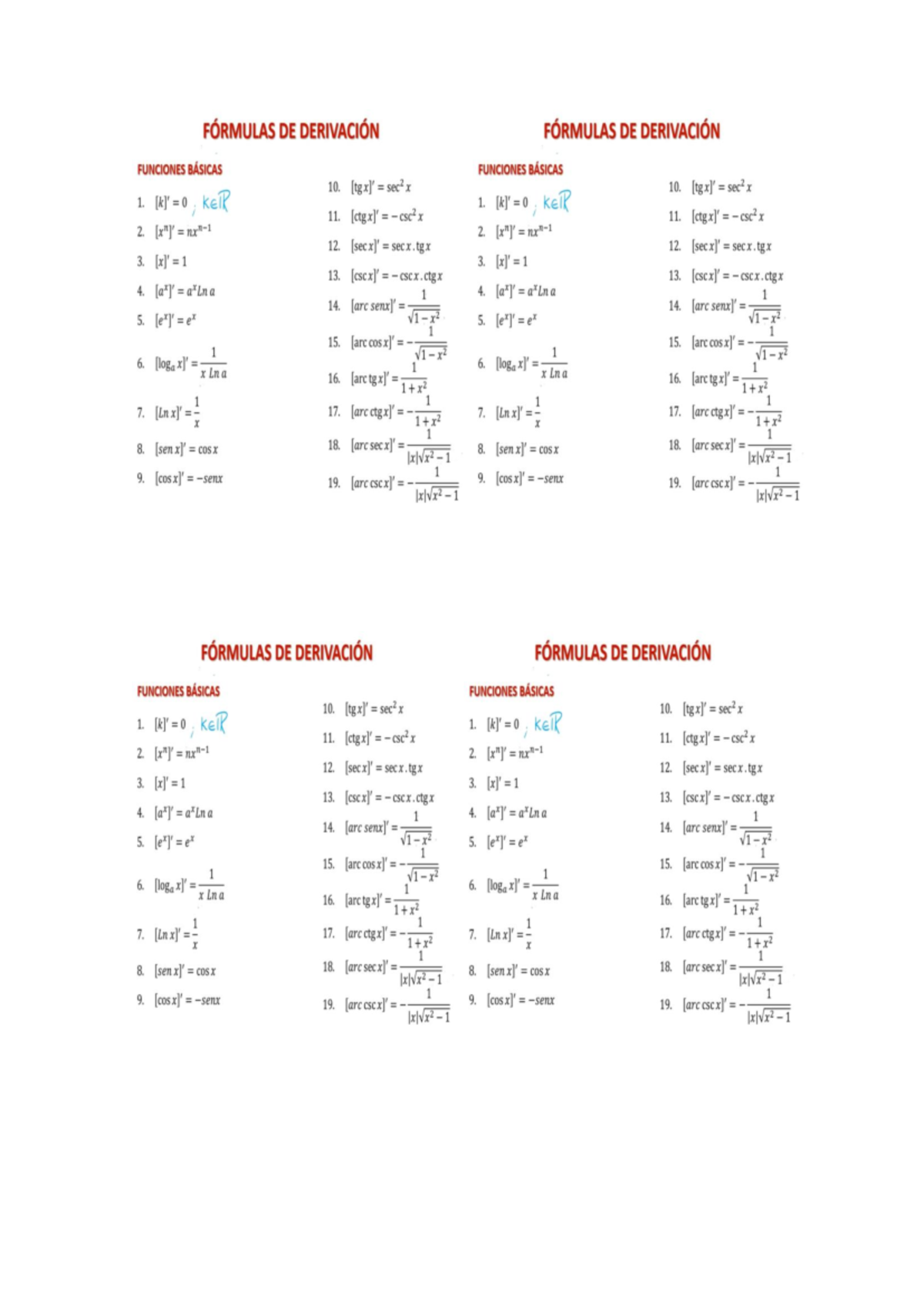 Formulario - FÓRMULAS DE DERIVACIÓN FÓRMULAS DE DERIVACIÓN FUNCIONES ...