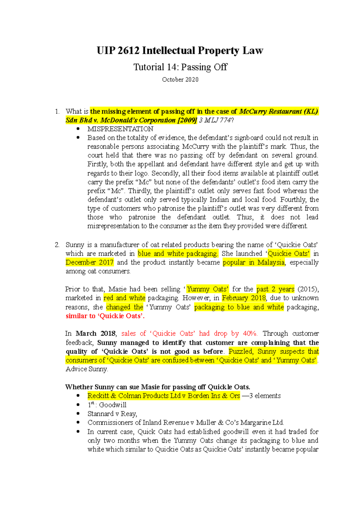 Tutorial Passing Off - UIP 2612 Intellectual Property Law Tutorial 14 ...