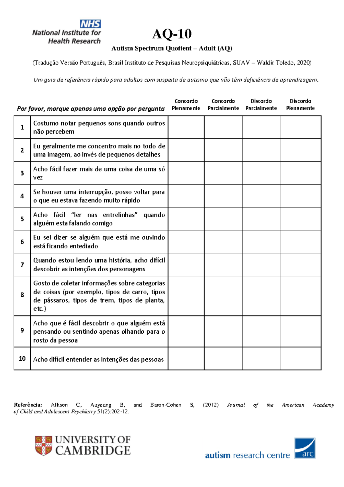 Inventário AQ10 Adult Português Brasil Tradução - AQ- 10 Autism ...