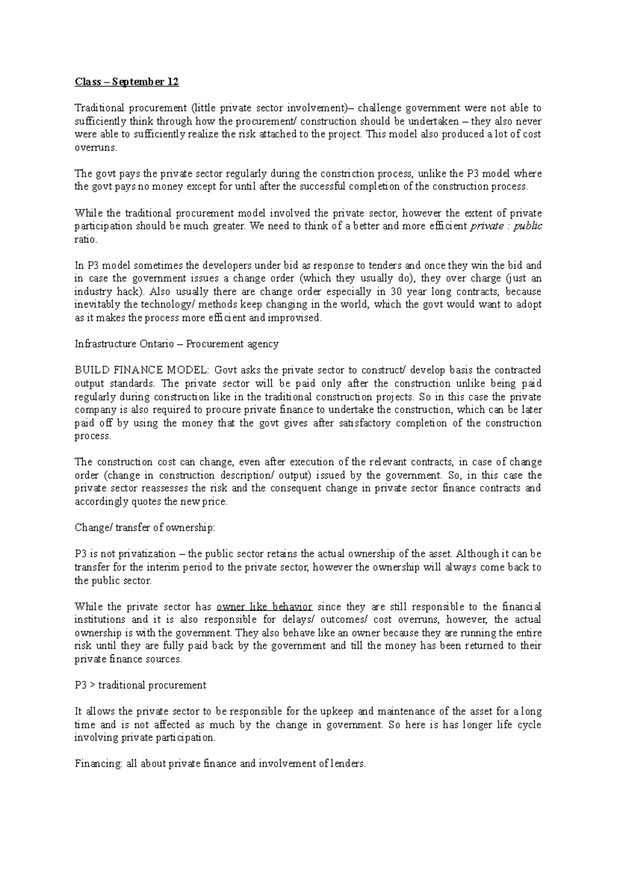 Class Notes PPP - Public Private Partnership - Class – September 12 ...