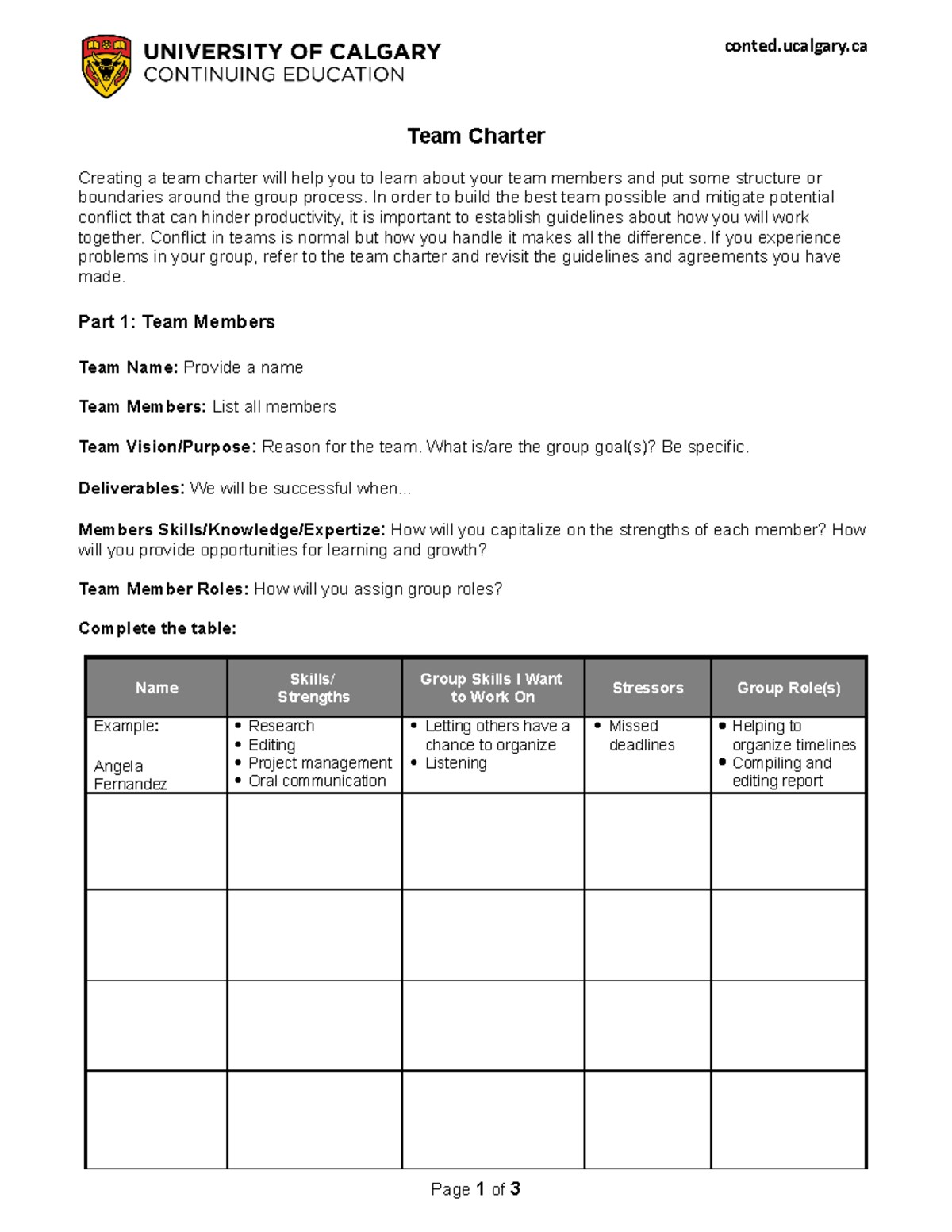 Team charter template for group projects - conted.ucalgary Team Charter ...