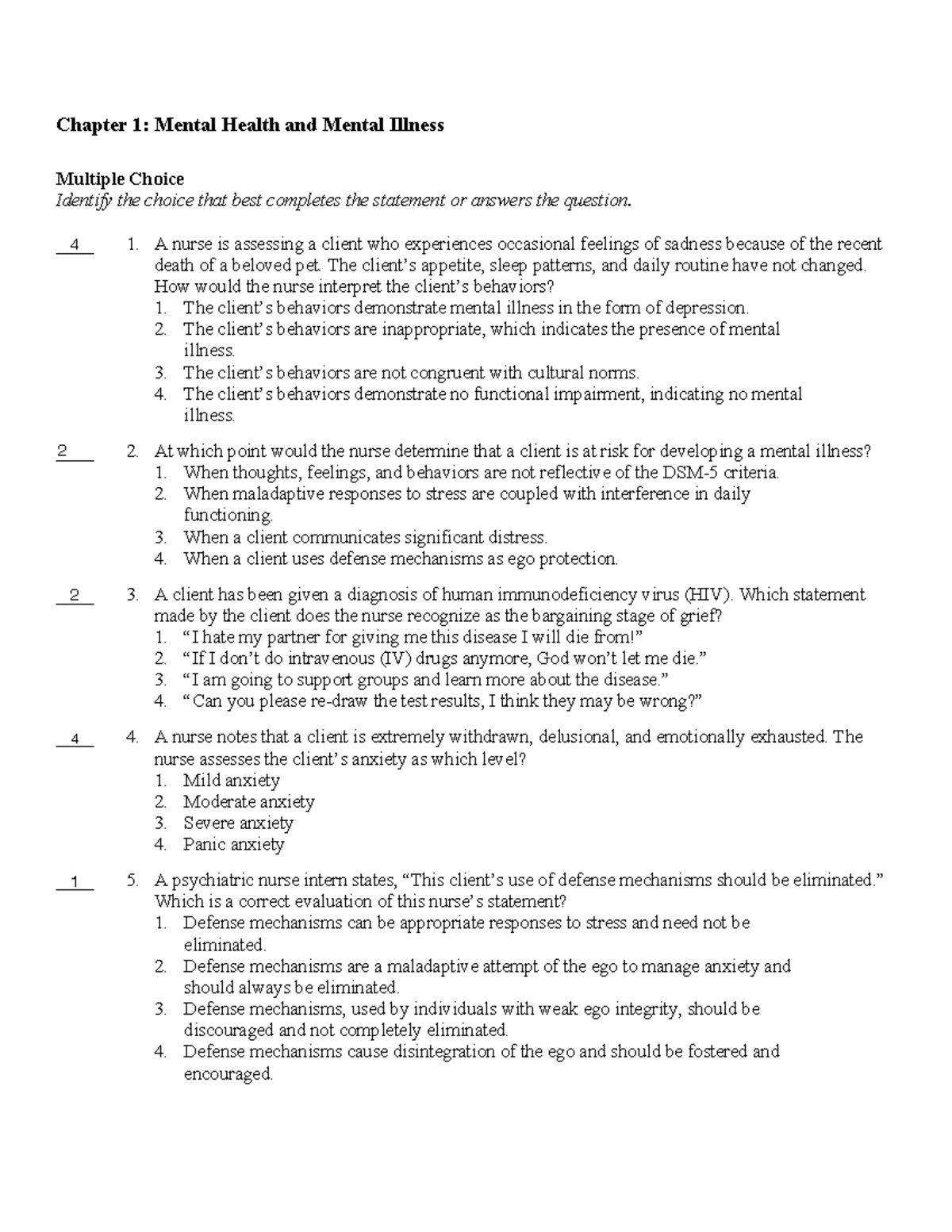 Psych Mental Health Test Bank Exam 1 - Chapter 1: Mental Health and ...