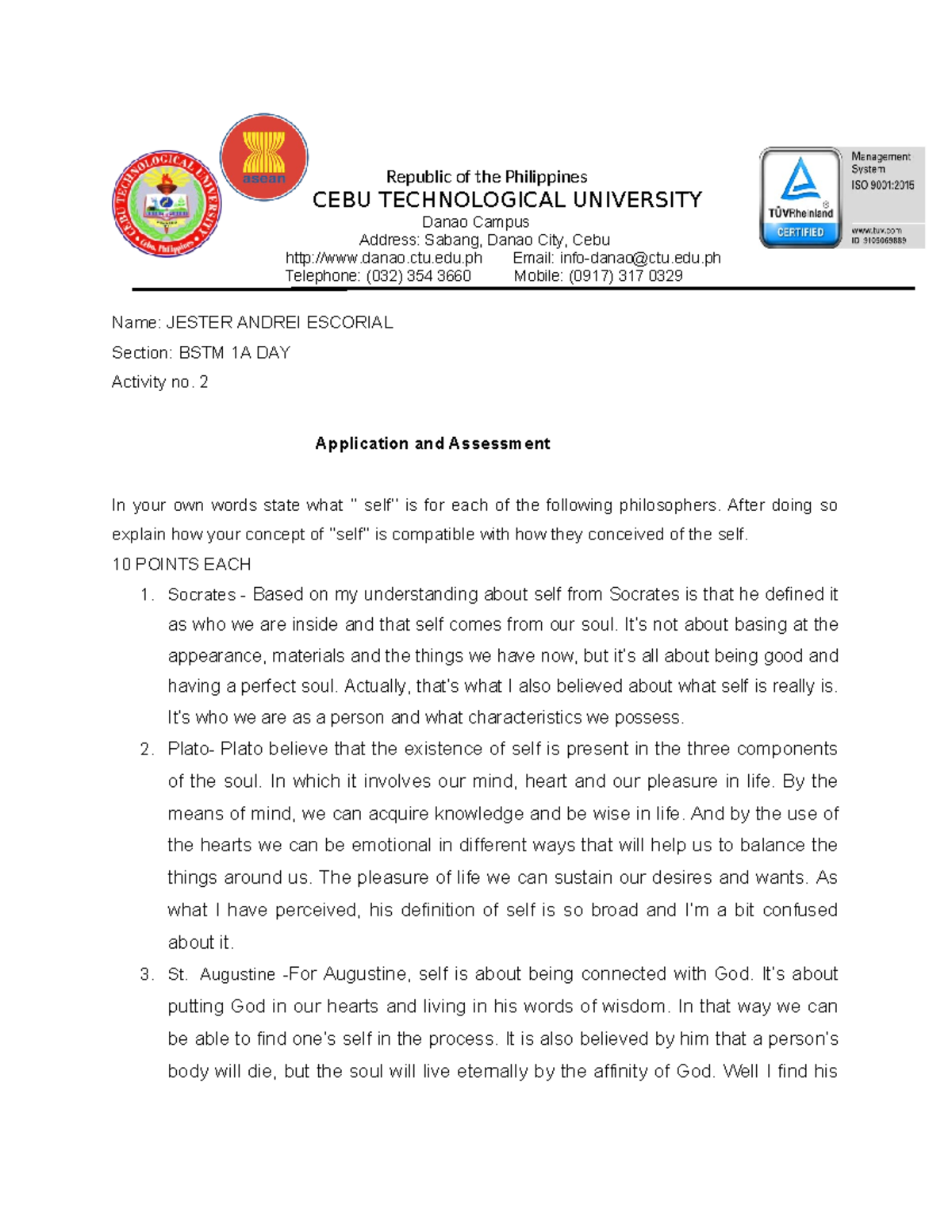 Activity 2- GEC US - Republic of the Philippines CEBU TECHNOLOGICAL UNIVERSITY Danao Campus ...