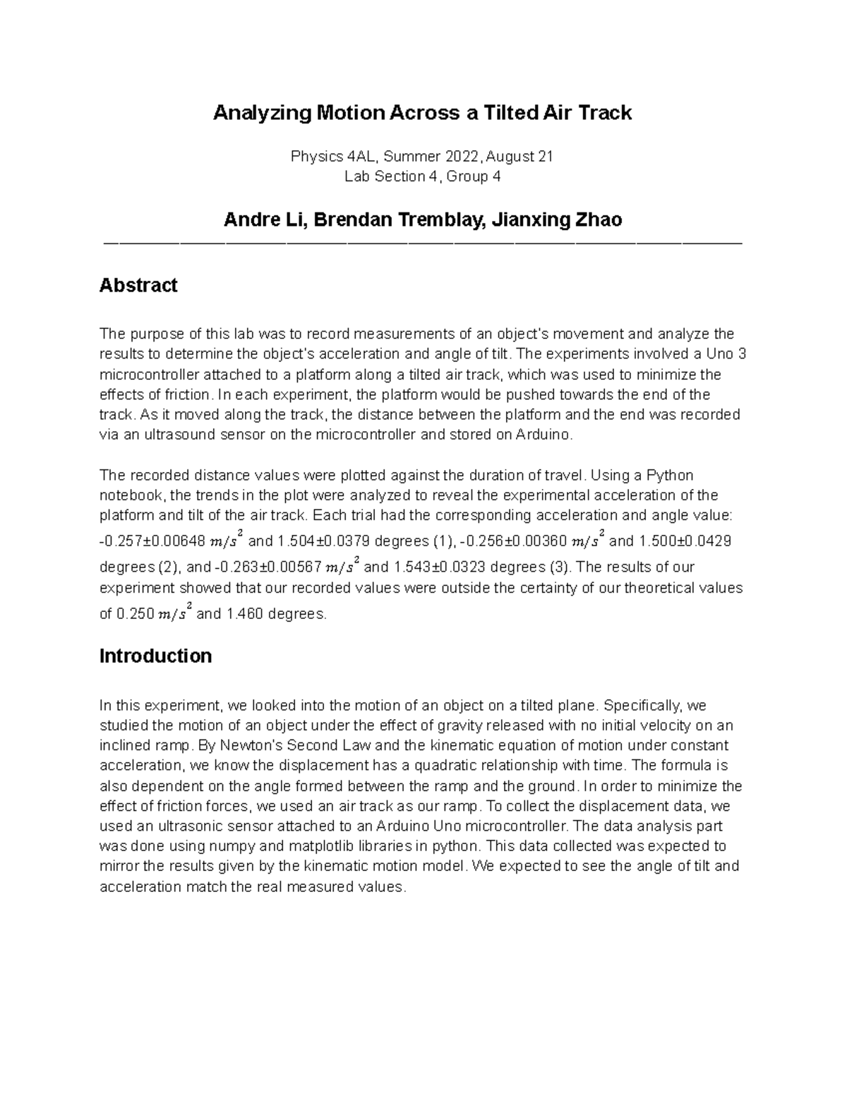 Unit 2 Lab Report - Analyzing Motion Across a Tilted Air Track ...