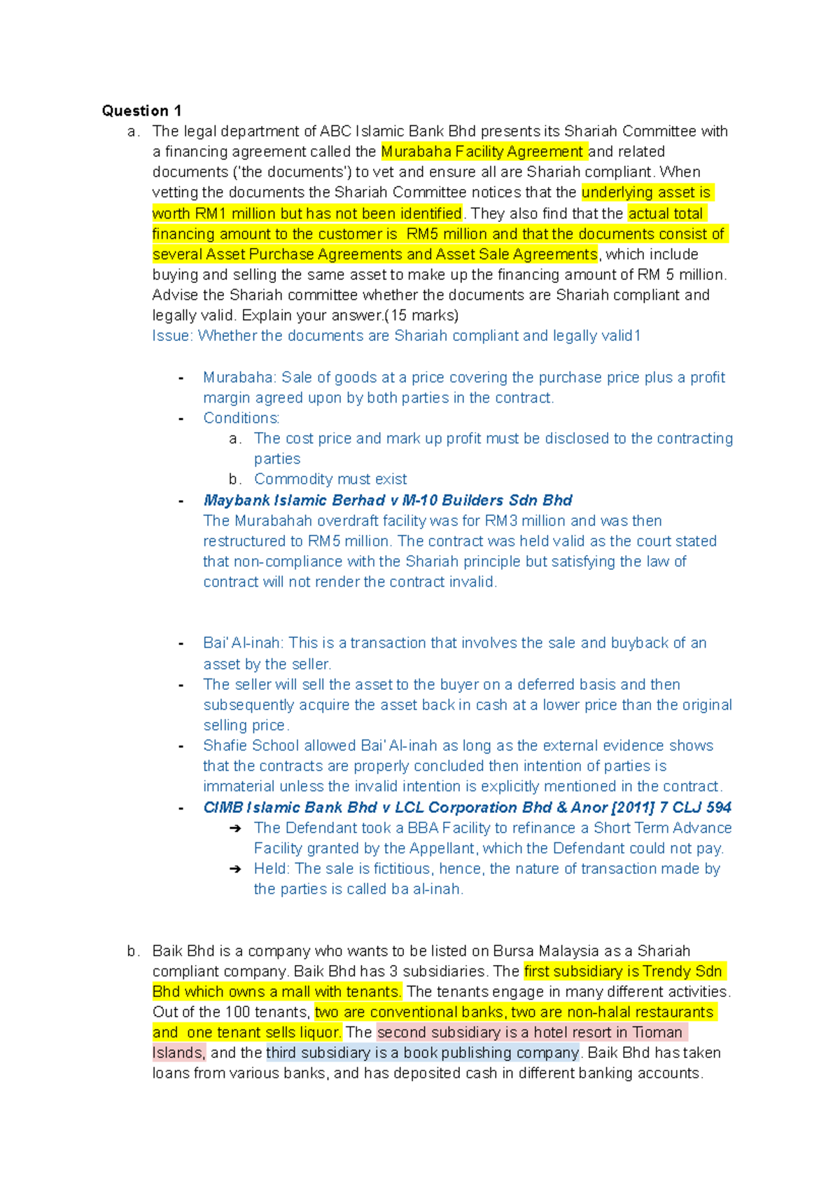 Exam Draft - Question 1 a. The legal department of ABC Islamic Bank Bhd ...