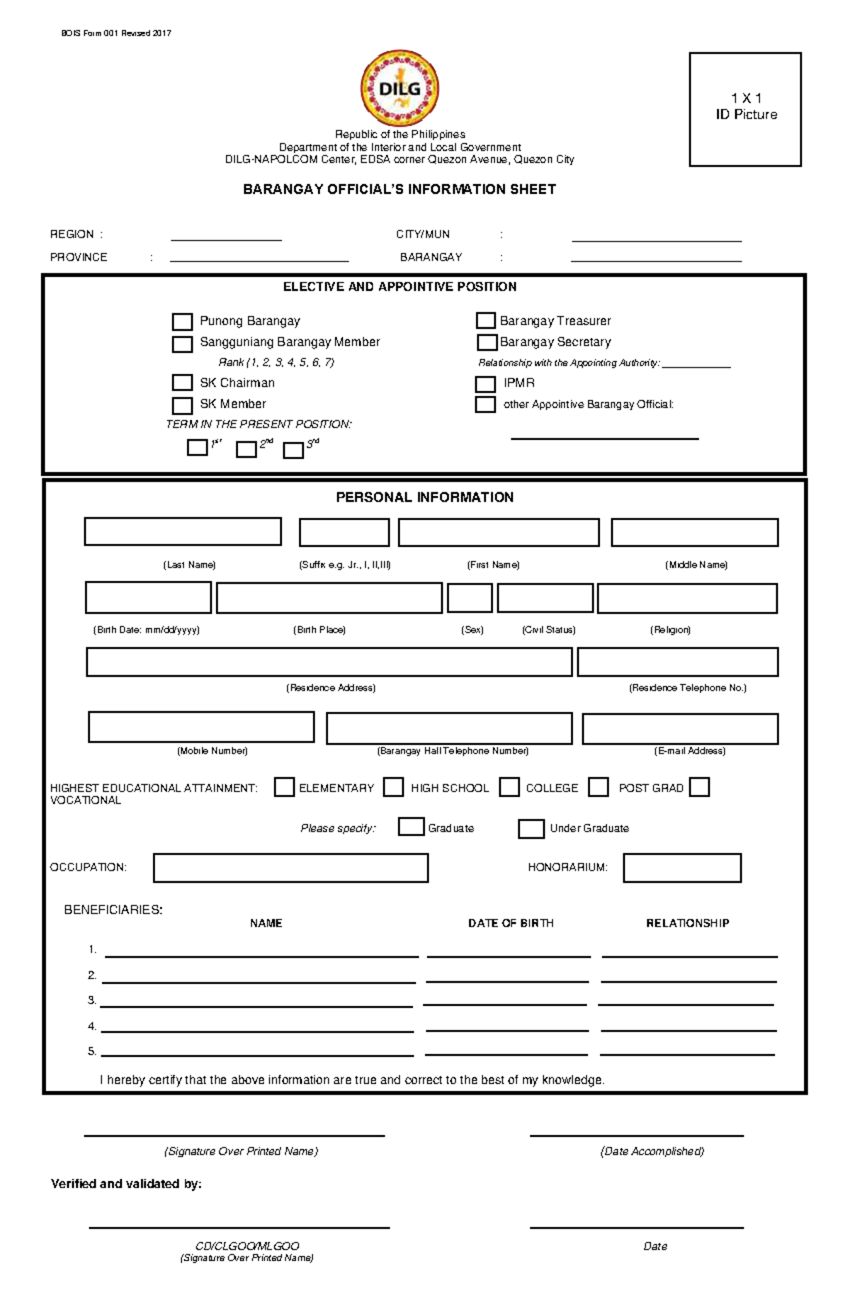 BOIS FORM revised 2017 - Form - Republic of the Philippines Department ...