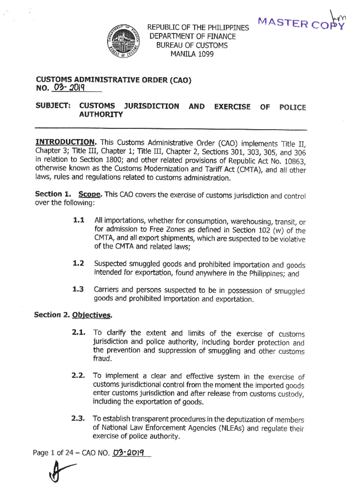 Cao-03-2019 Customs Jurisdiction and Excercise of Police Authority ...