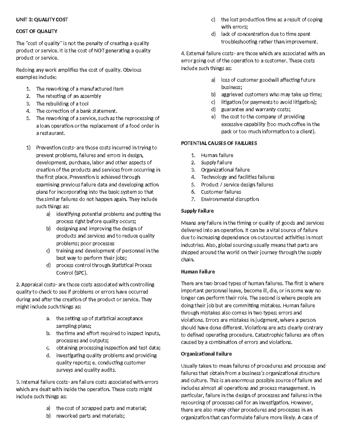 UNIT 3 & 4- Edited PQT - Productivity Reviewer - UNIT 3: QUALITY COST COST OF QUALITY The "cost ...