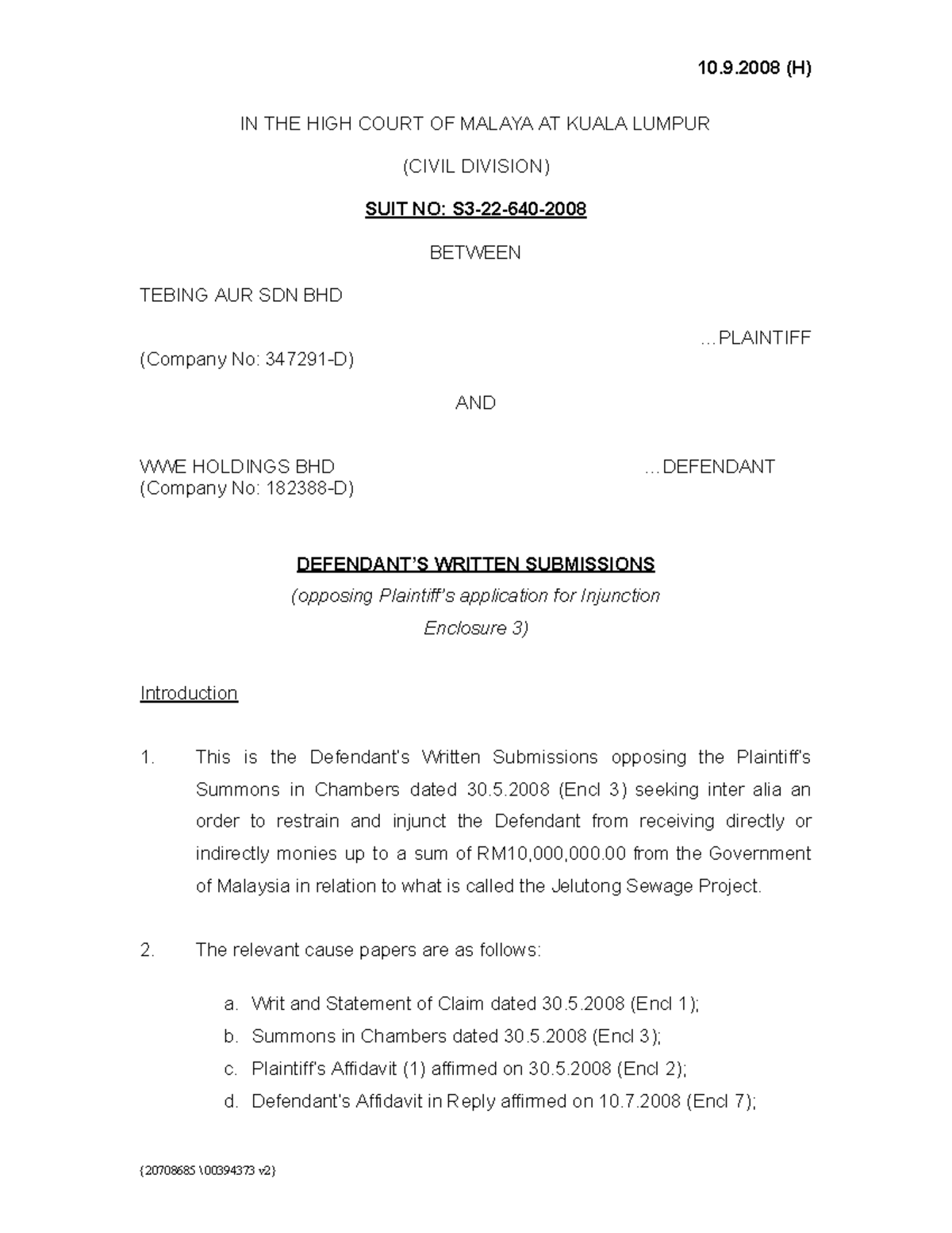 Defendant's Written Submission Mareva Injunction Sample - 10.9 (H) IN ...