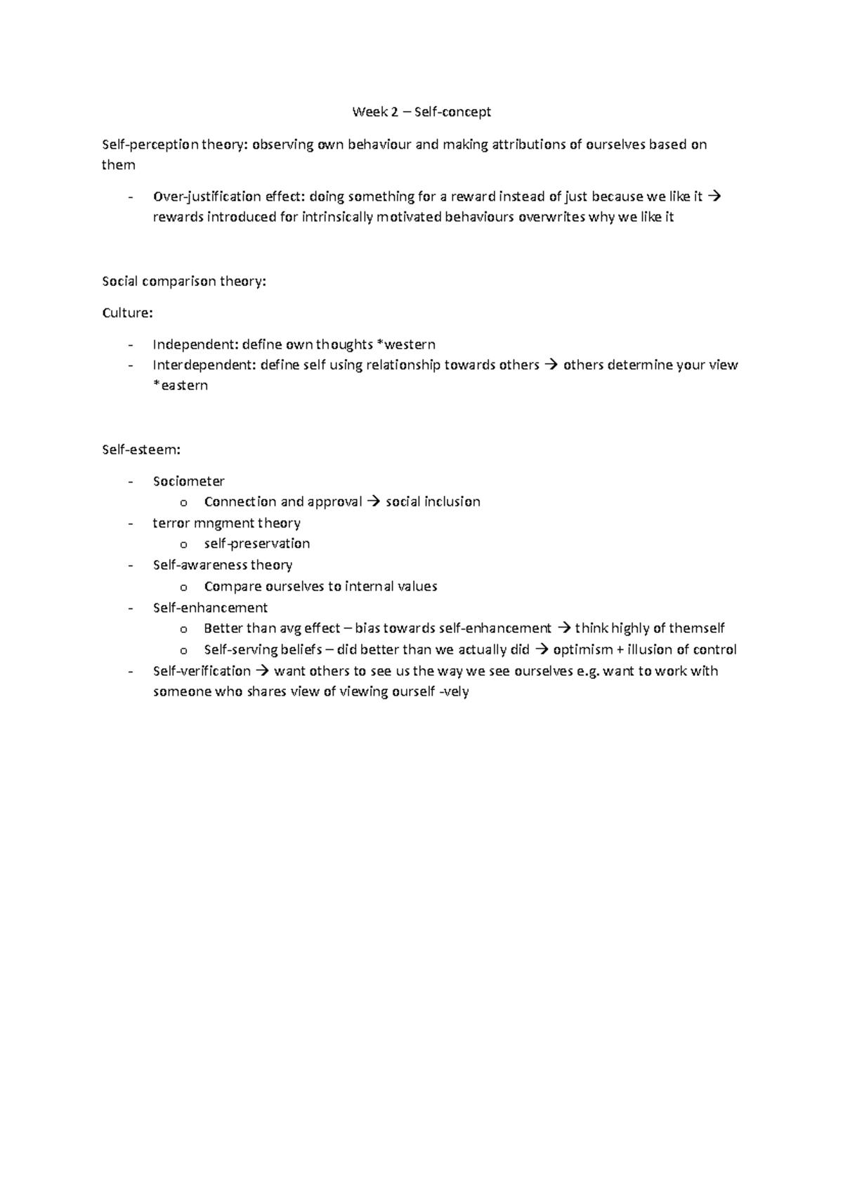 Final Notes - Week 2 – Self-concept Self-perception theory: observing ...