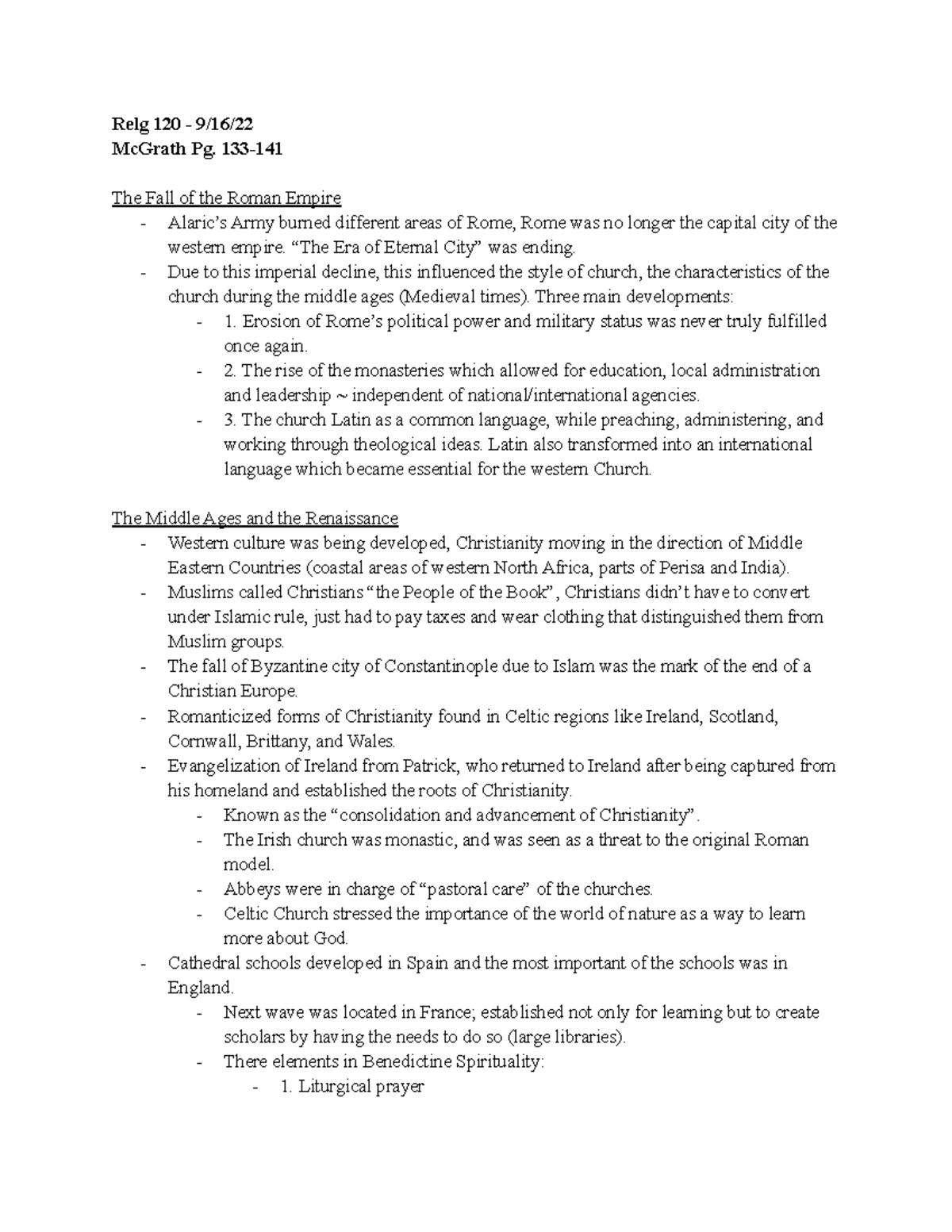 Relg 120 - 9 16 22 - Reading - Relg 120 - 9/16/ McGrath Pg. 133- The ...