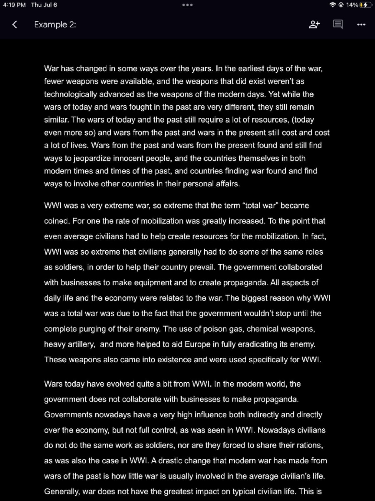 World war essay - 4 :19 PM Thu Jul 6 Ex ample 2: War has changed in ...