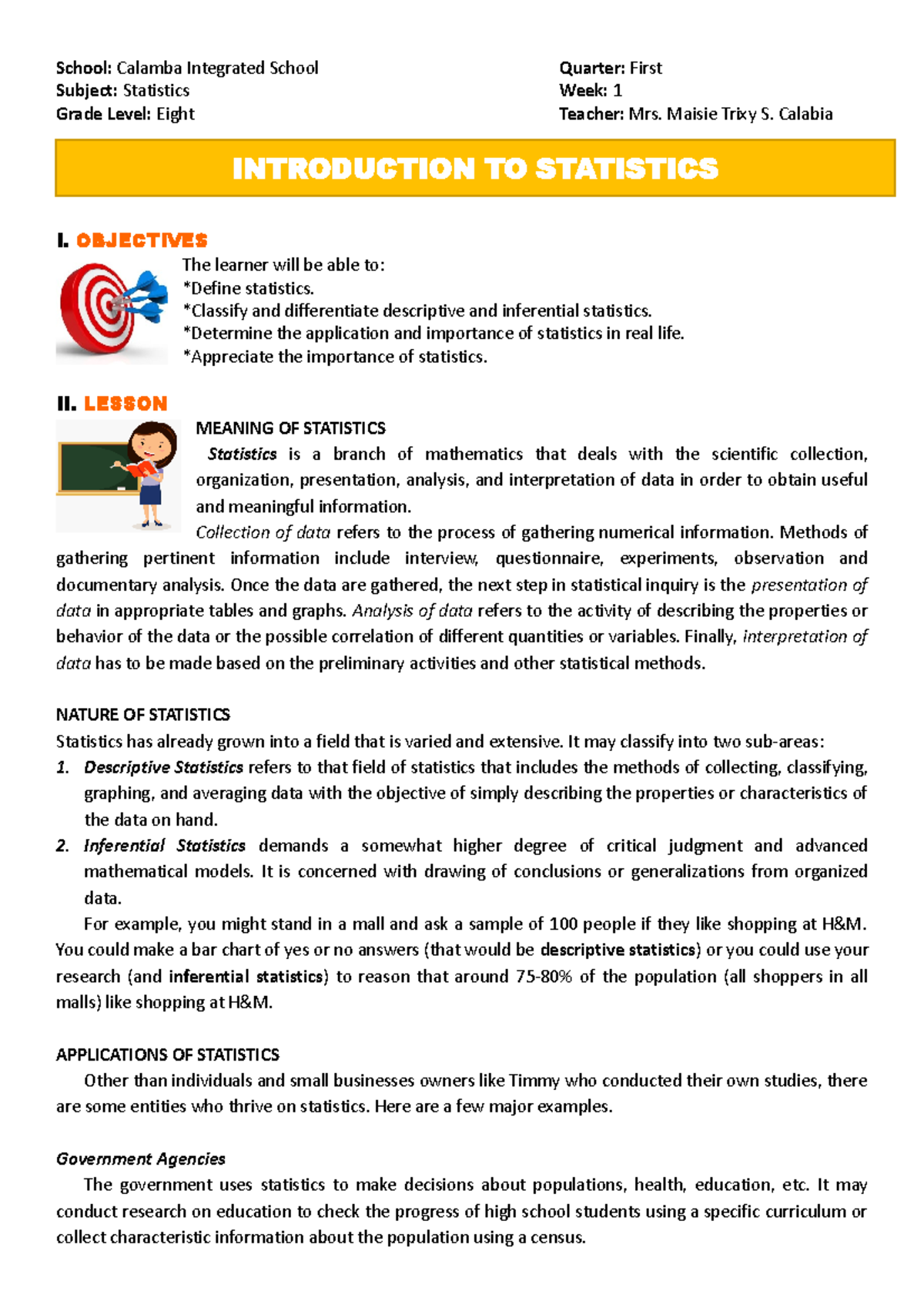 1 Introduction to Statistics - School: Calamba Integrated School ...