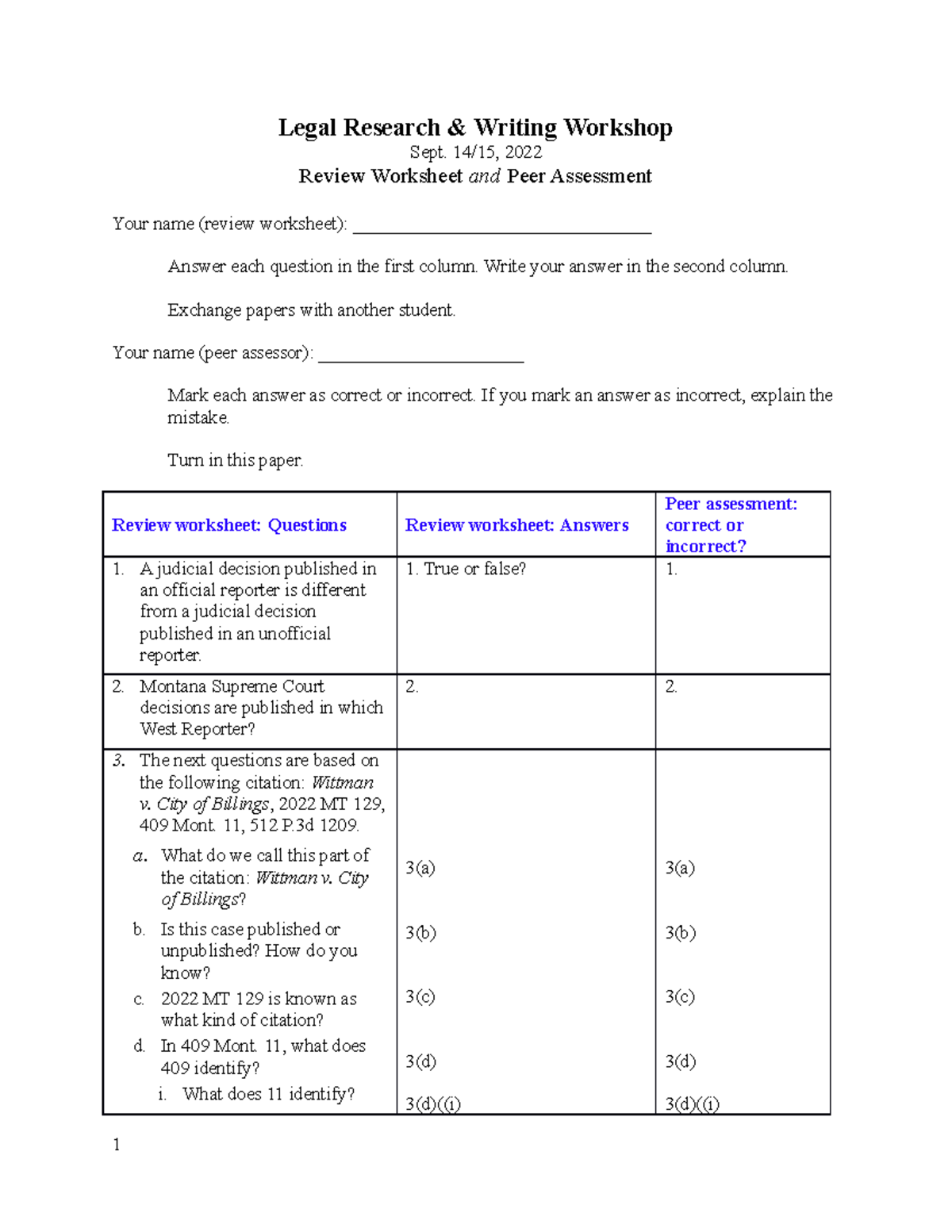 Review Worksheet 1 Peer Assessment - Legal Research & Writing Workshop ...