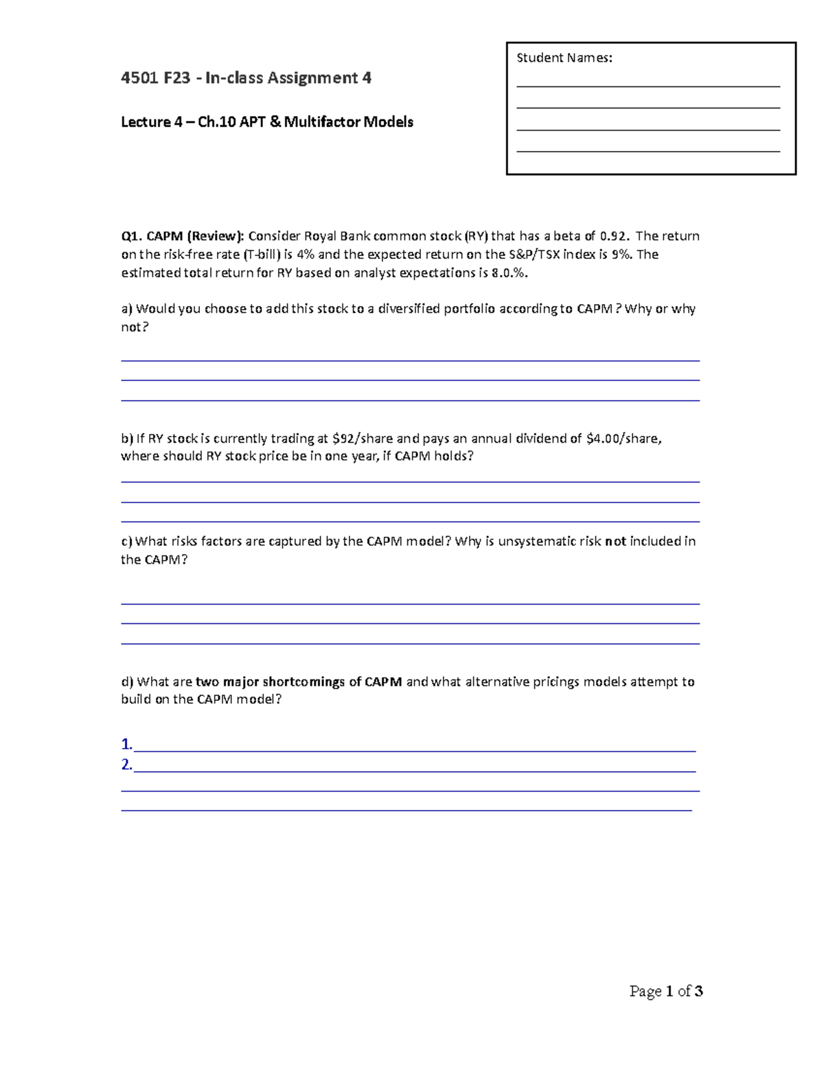 4501 F23 - In-class assignment 4 (APT) - Questions - 4501 F23 - In-class Assignment 4 Lecture 4 ...