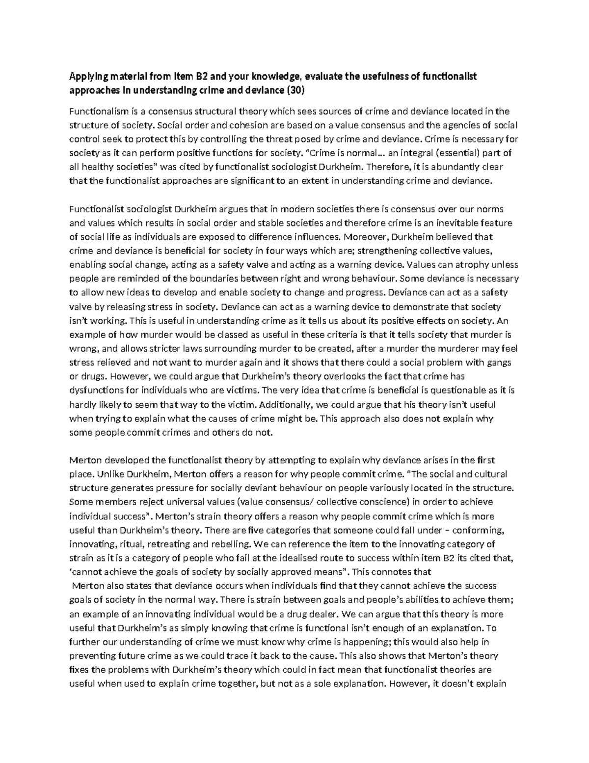 Crime and deviance essay - Applying material from Item B2 and your ...