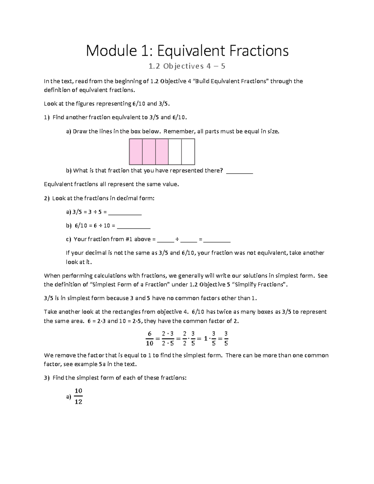 Module 1 - Equivalent Fractions Assignment - Module 1: Equivalent ...