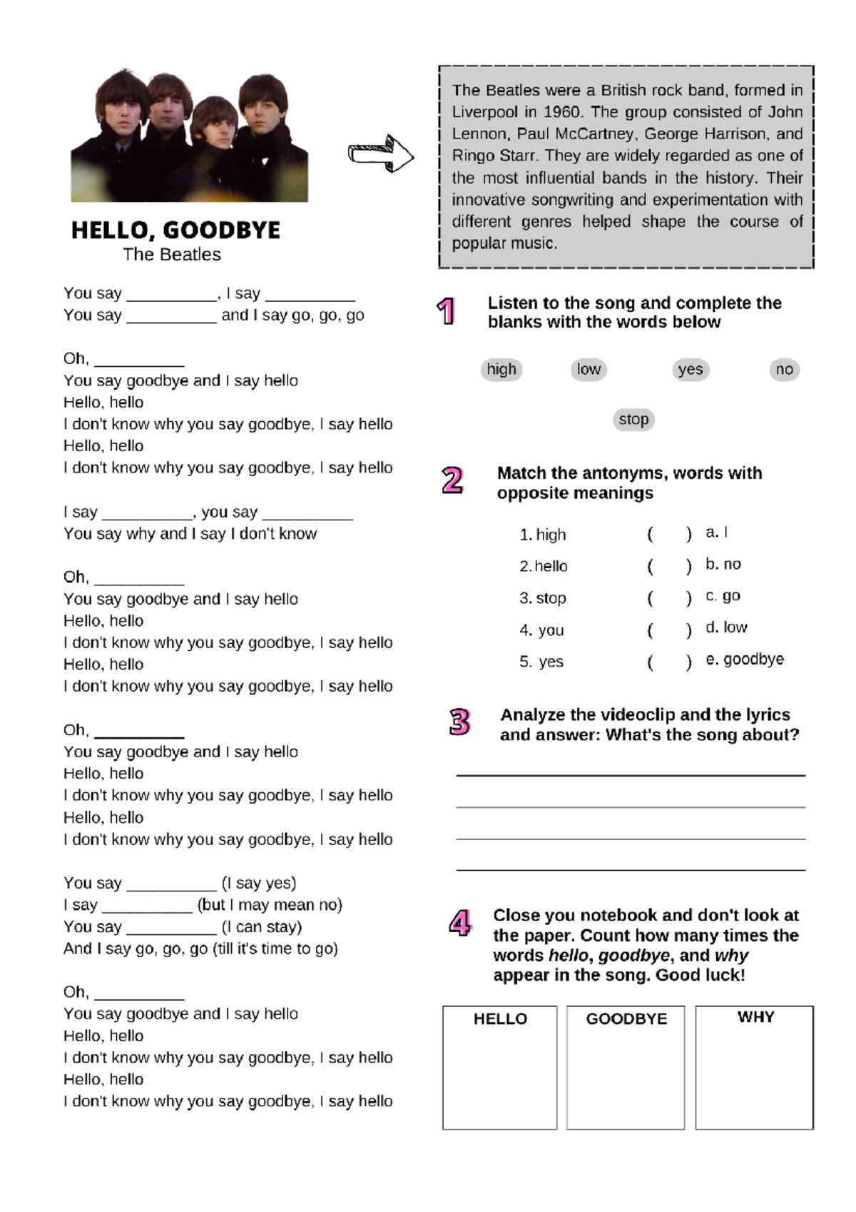 Song-hello-goodbye 151388 - Pensamiento profesional - Studocu