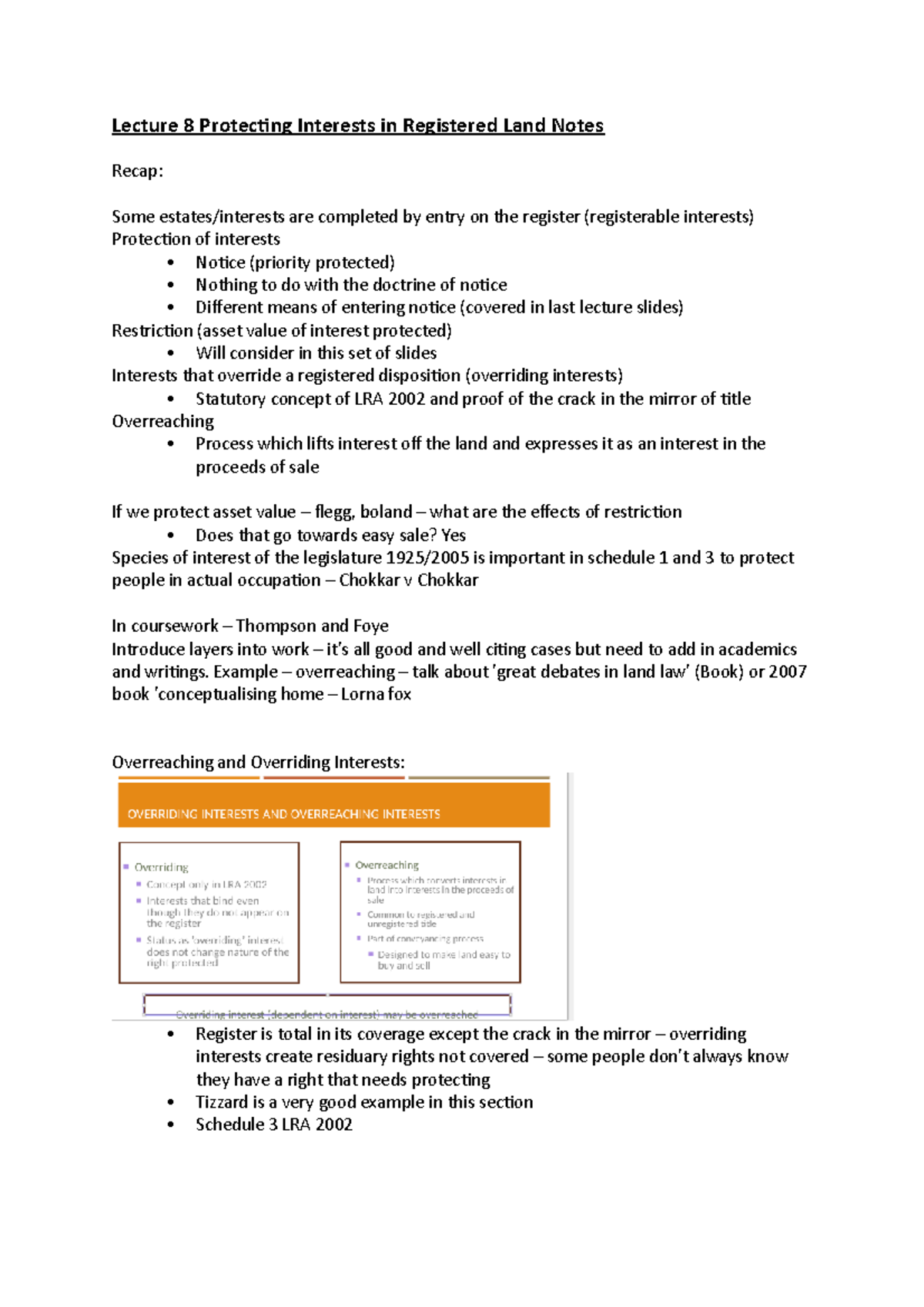 Lecture 8 - Notes - Lecture 8 Protecting Interests in Registered Land ...