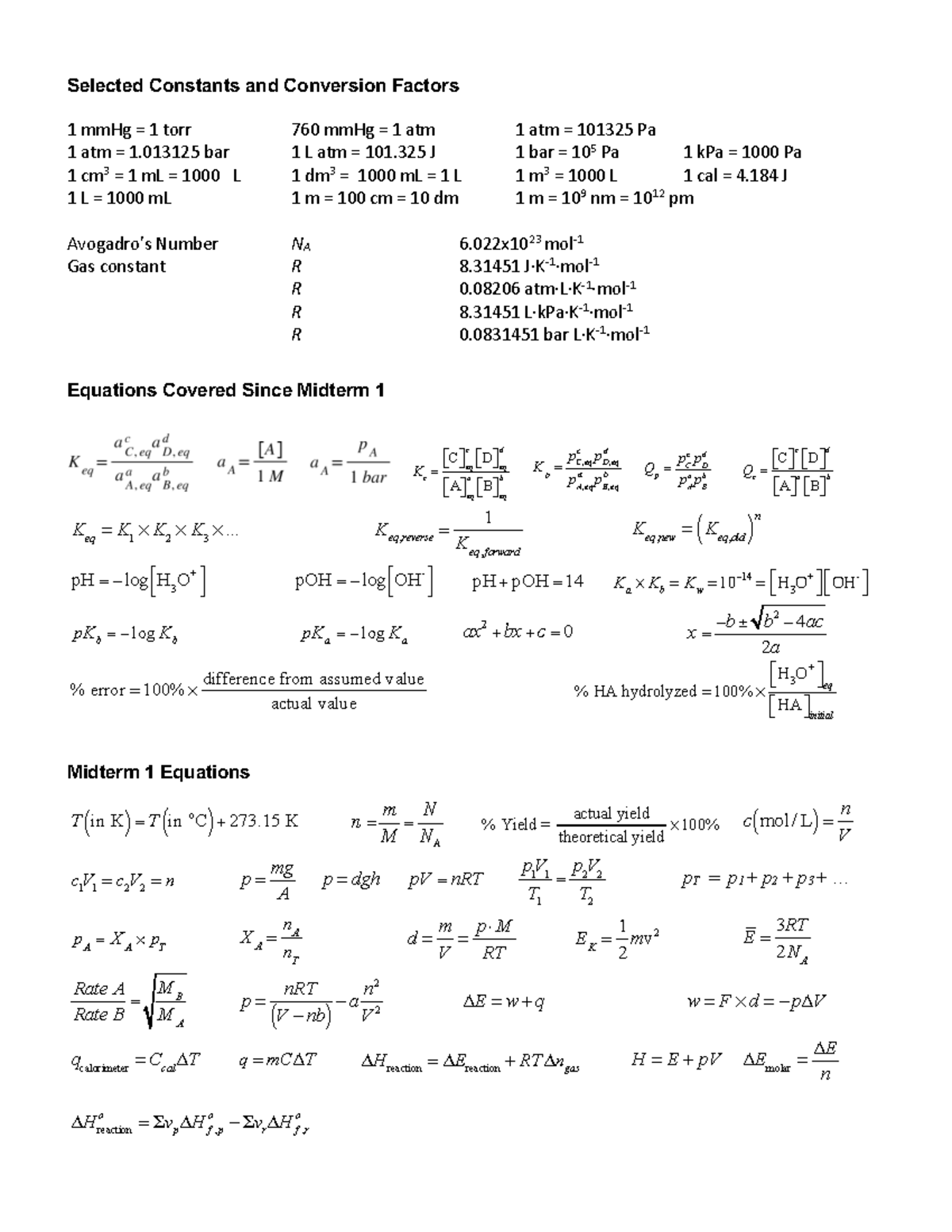 Midterm 2 Equation Sheet Selected Constants And Conversion Factors 1