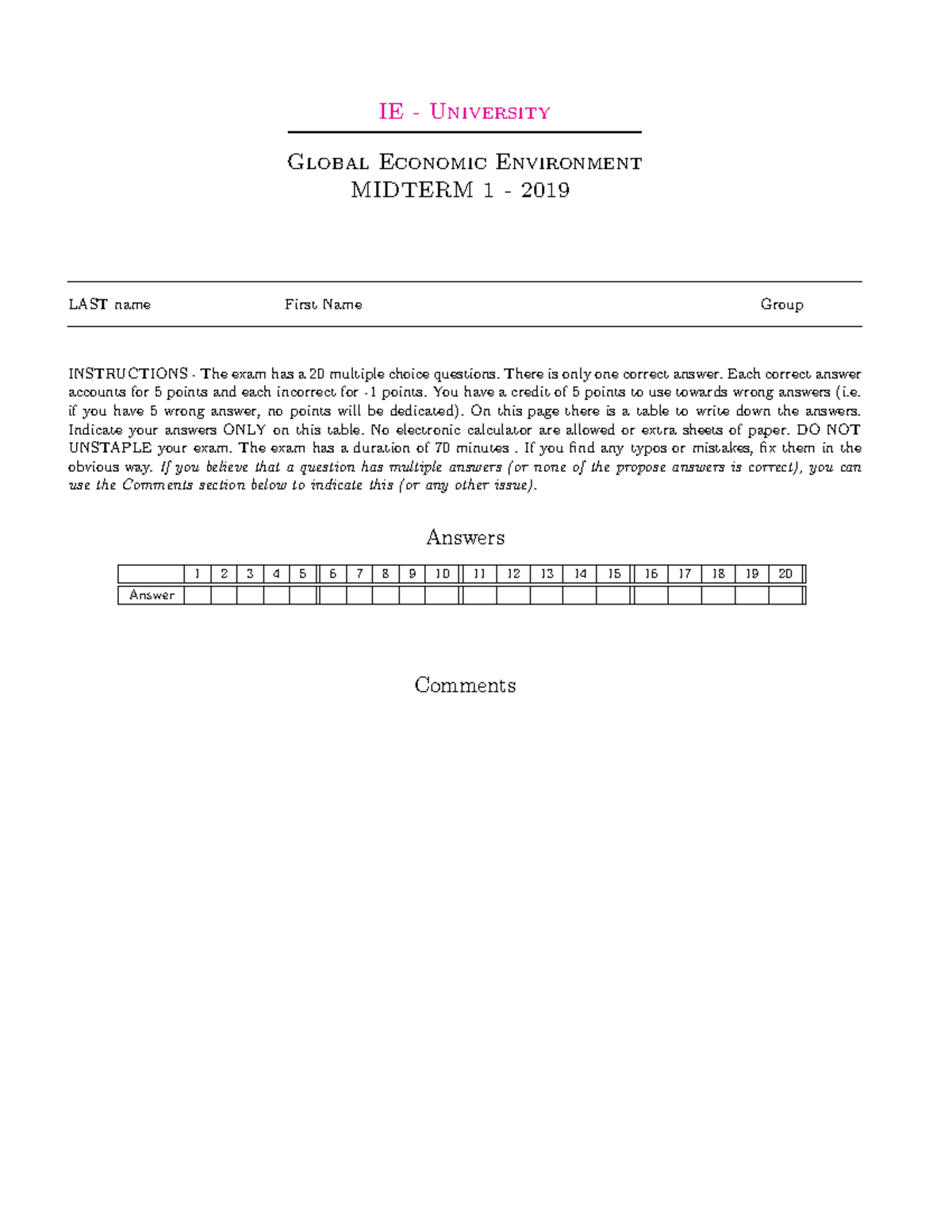 Midterm Exam one - IE - University Global Economic Environment MIDTERM ...