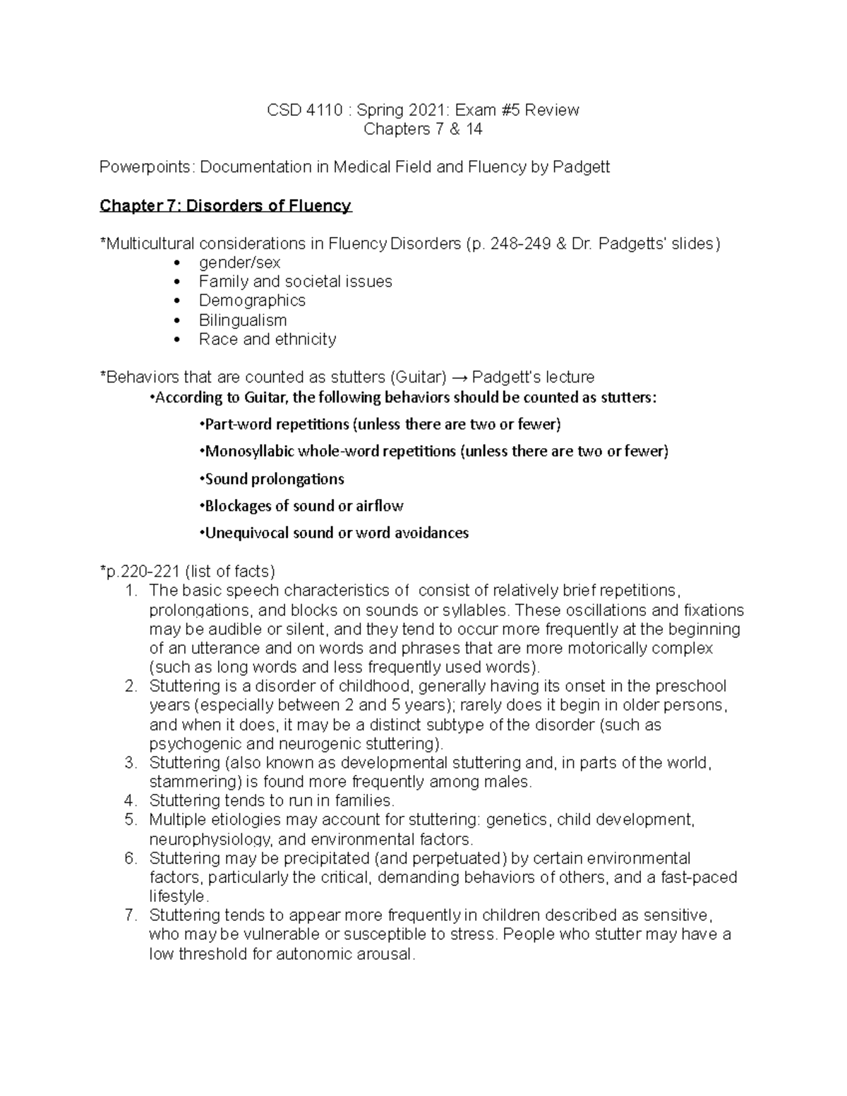 Fluency notes - CSD 4110 : Spring 2021: Exam #5 Review Chapters 7 & 14 ...