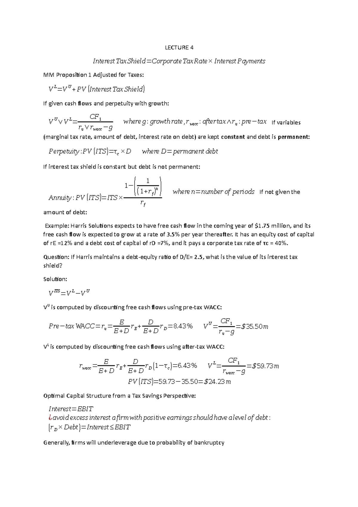 FINA2222 Lecture 4 Notes - LECTURE 4 Interest Tax Shield=Corporate Tax ...