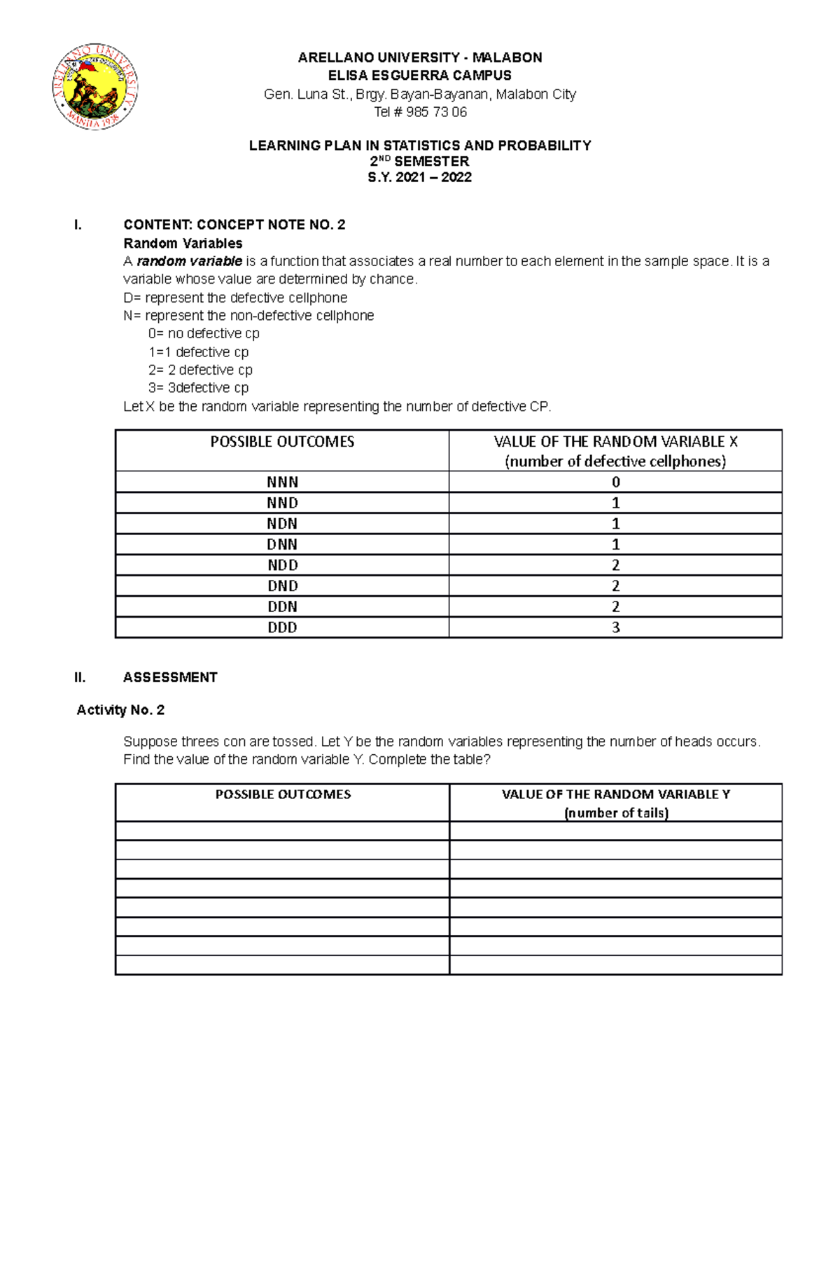 CN - Chhr - ARELLANO UNIVERSITY - MALABON ELISA ESGUERRA CAMPUS Gen ...