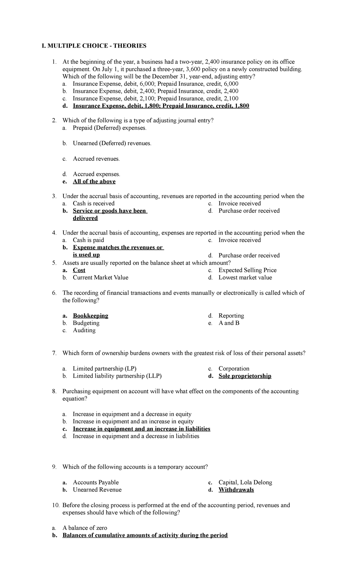 Fundamentals of Accounting - I. MULTIPLE CHOICE - THEORIES At the beginning of the year, a ...