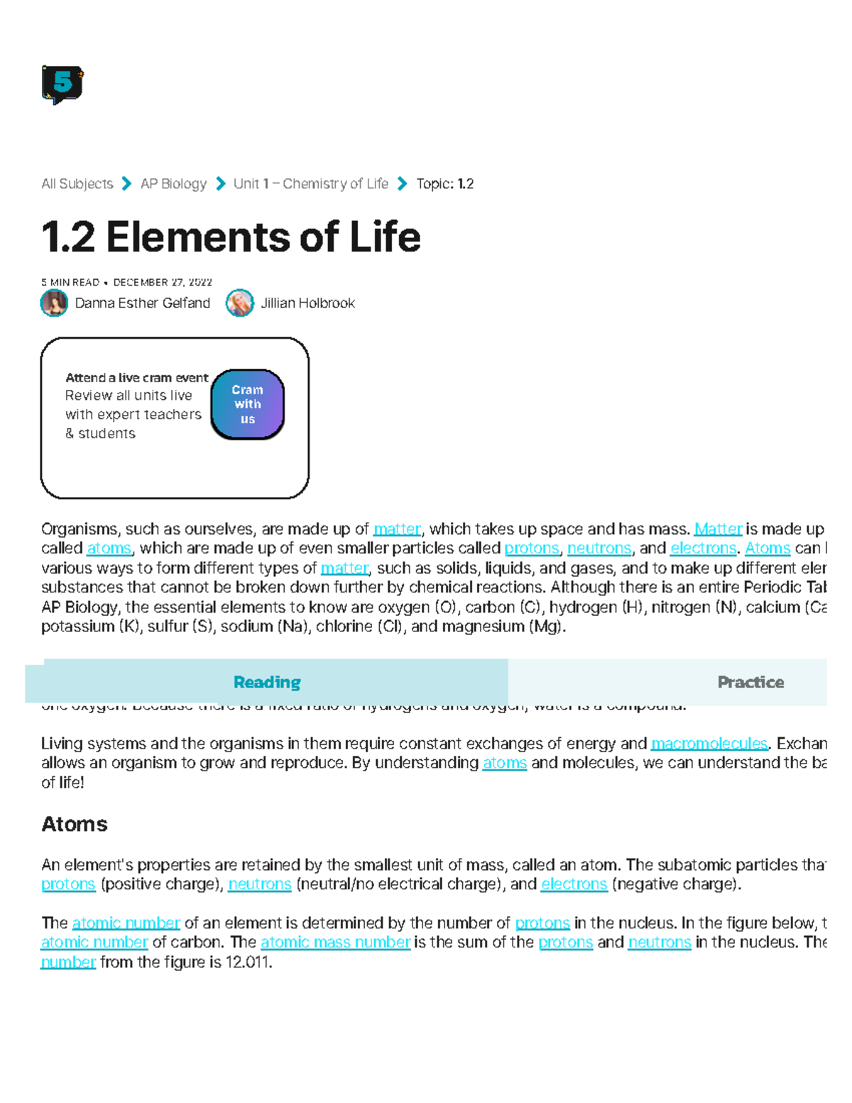 1 - Usual - All Subjects AP Biology Unit 1 – Chemistry of Life Topic: 1 ...